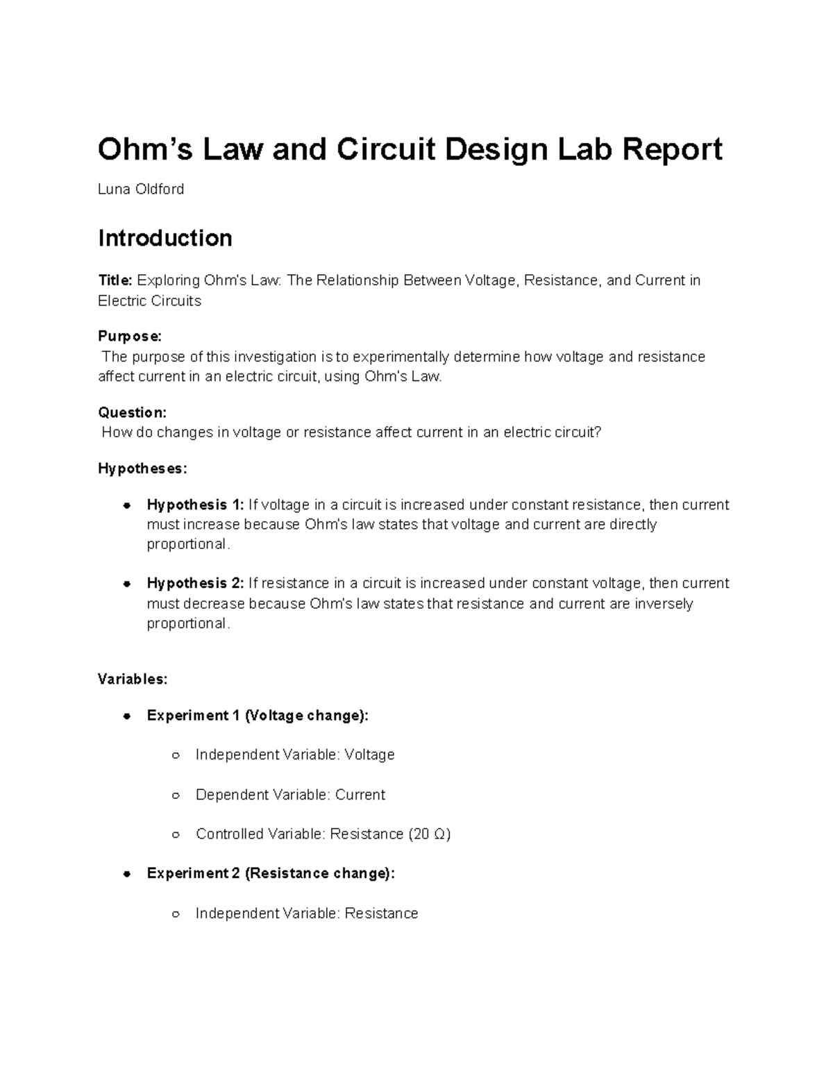 Circuit design lab report: Exploring voltage, resistance, and current ...