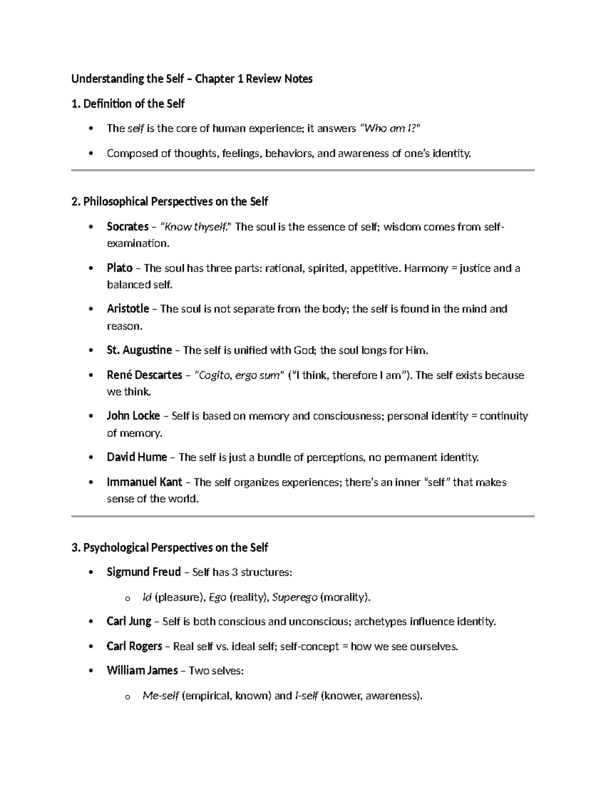 Understanding the Self - CH1 Review Notes on Identity & Perspectives ...