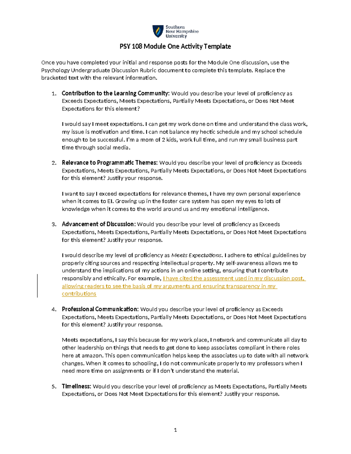 PSY 108 Module 1 Activity Reflection and Assessment Template - Studocu