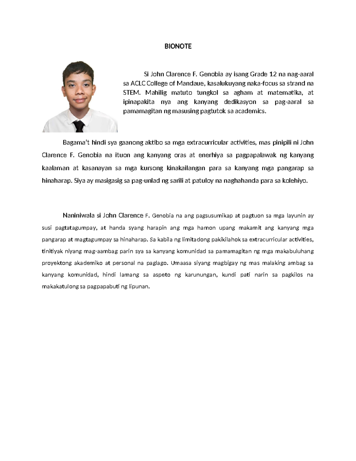 Bionote ni Si John Clarence F. Genobia (Grade 12, STEM) - Studocu