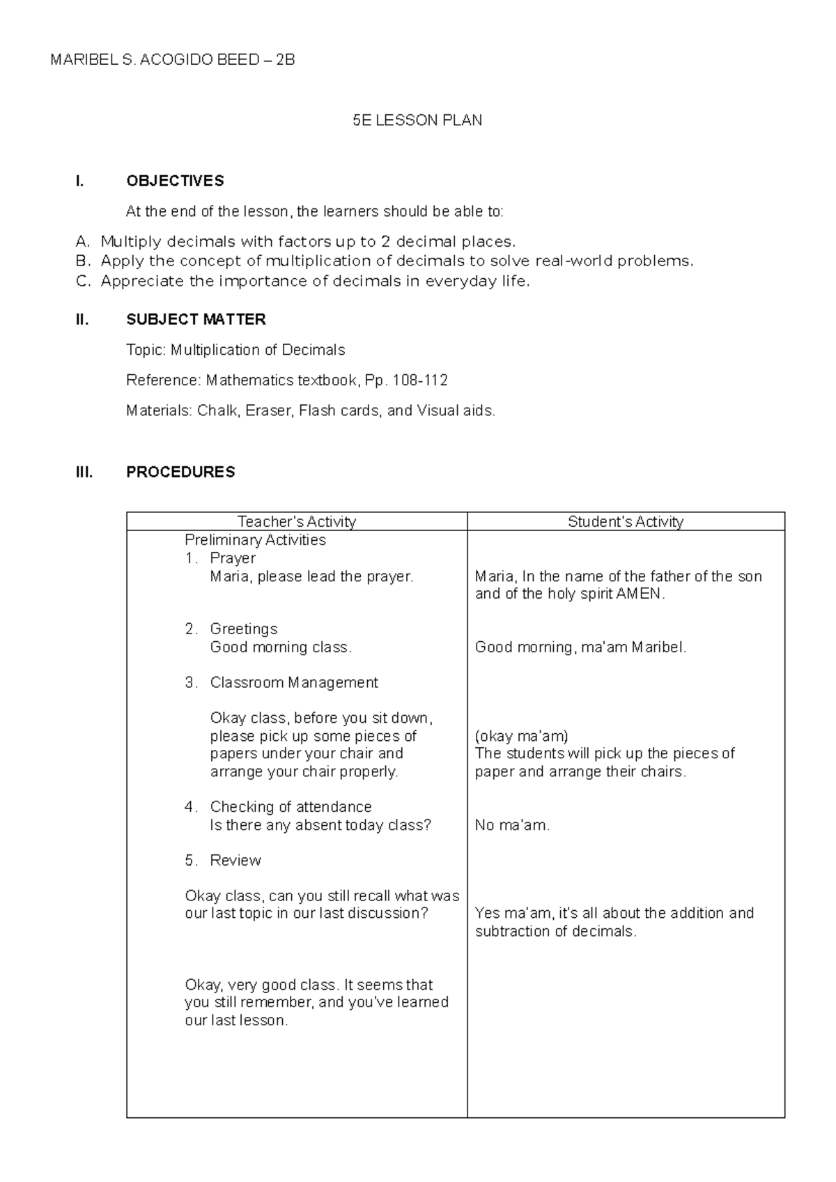 5E Lesson Plan on Multiplication of Decimals - BEED 2B - Studocu