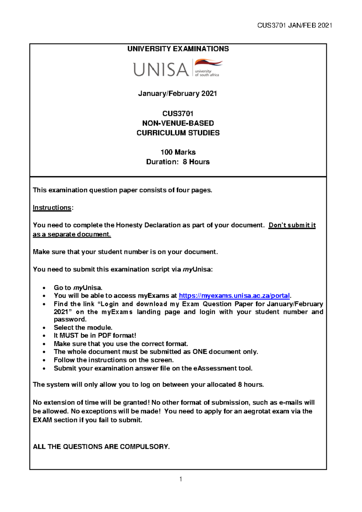 CUS 2021 Jan/Feb - Exam Preparation Guide and Instructions - Studocu