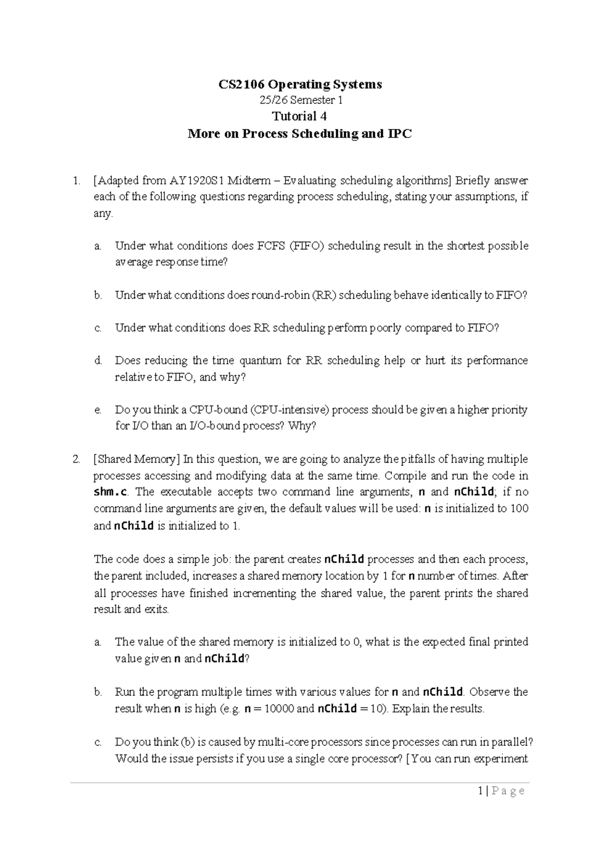 CS2106 Semester 1 Tutorial 04: Process Scheduling & IPC Insights - Studocu