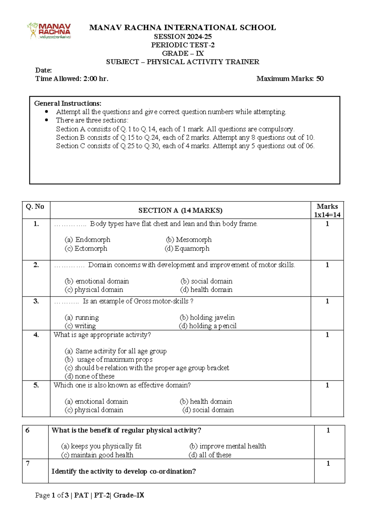 Grade IX Physical Activity Trainer PA-2 Question Paper - Studocu