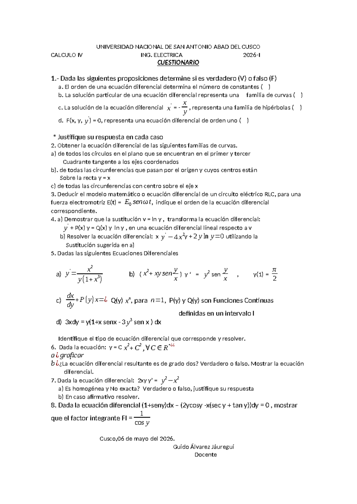 CALCULO IV - ING. ELECTRICA: Cuestionario Parte 1 - Studocu