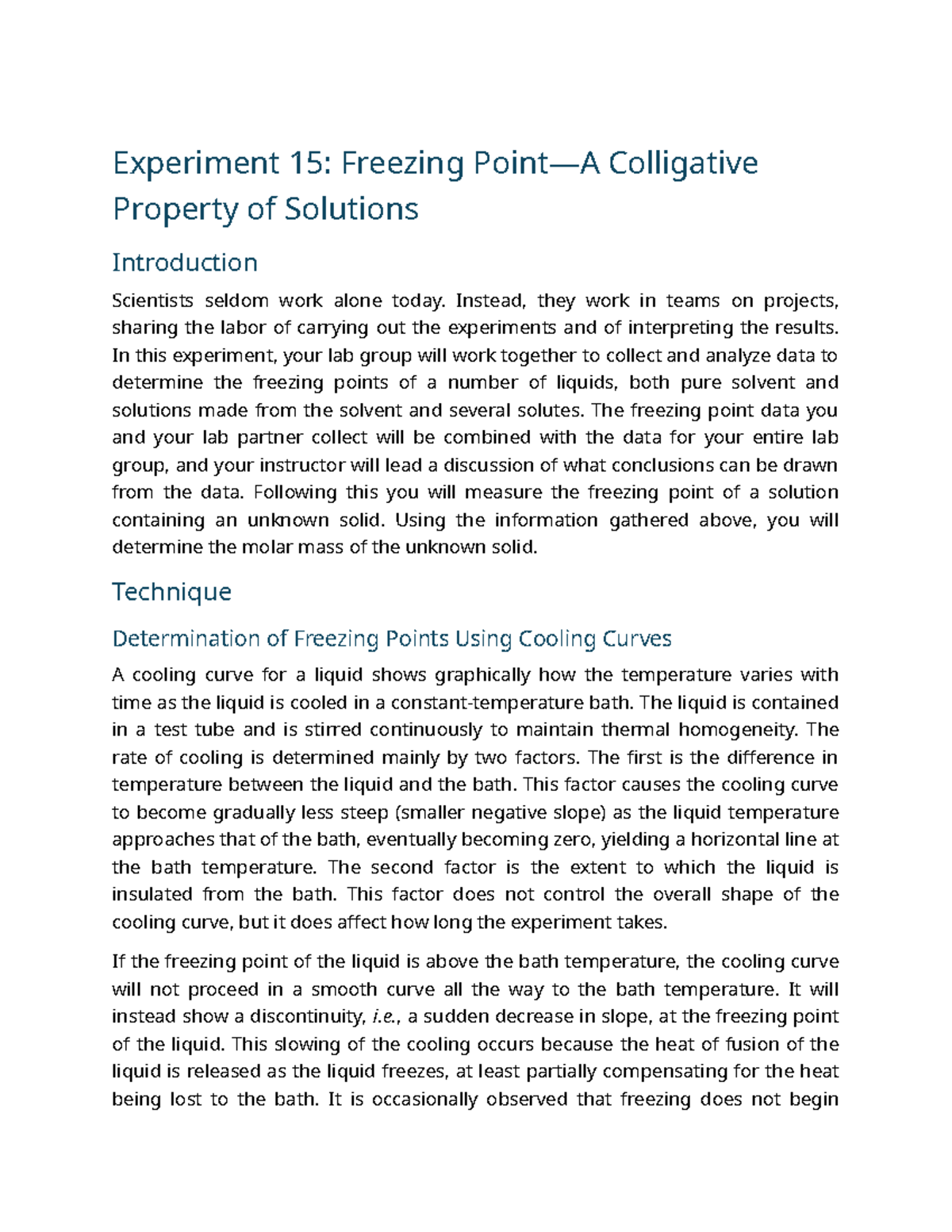 Experiment 15: Freezing Point as a Colligative Property of Solutions ...