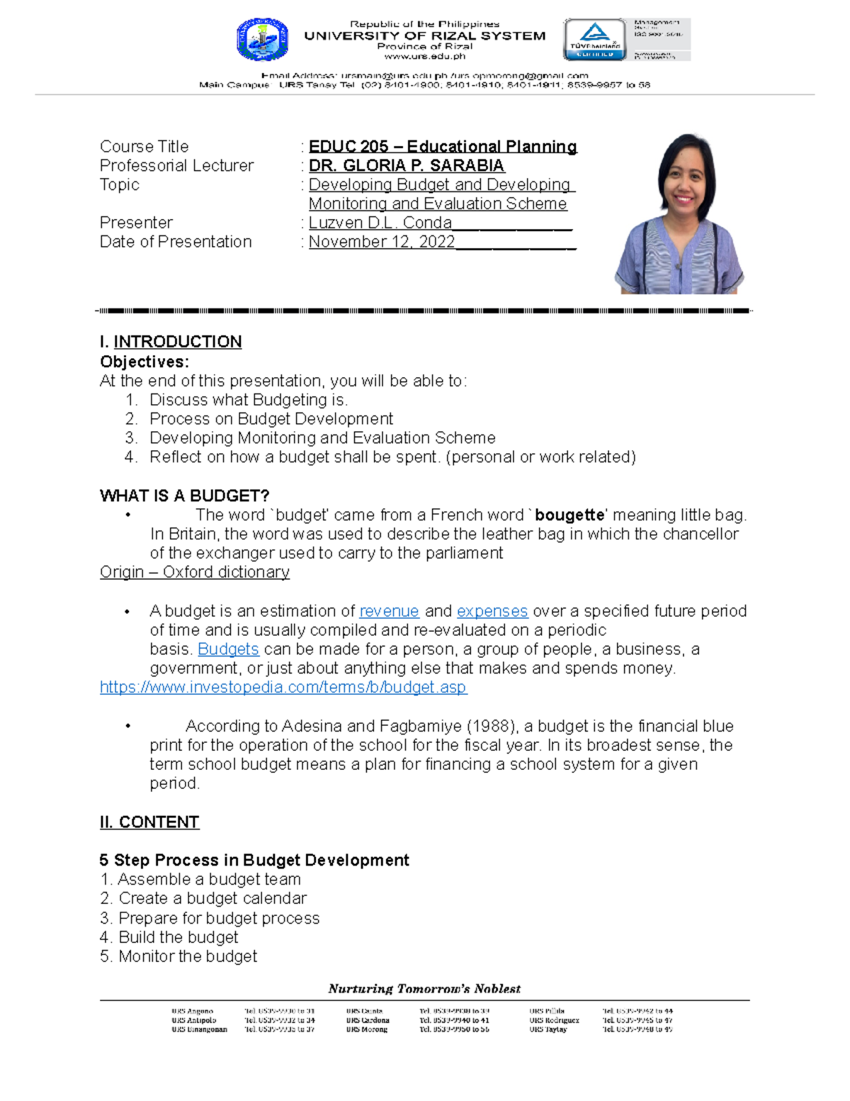Written Report on Developing Budget, Monitoring and Evaluation Scheme ...