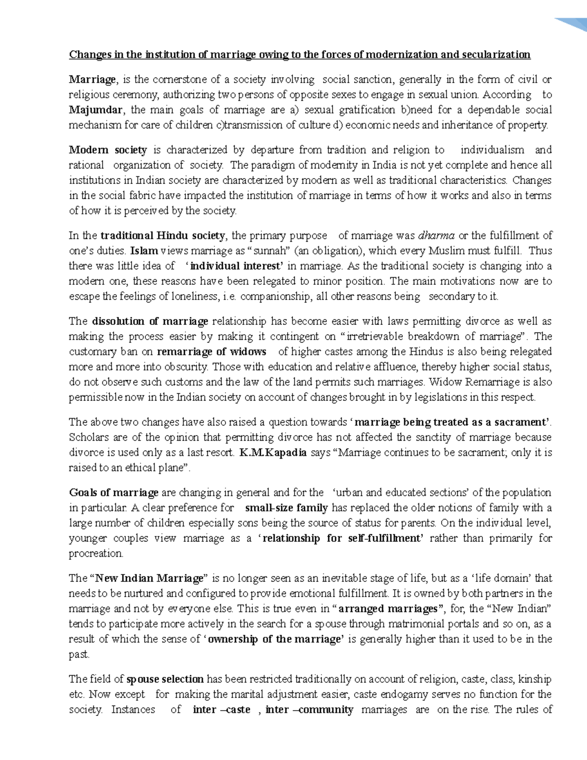 Changes in institution of marriage - Changes in the institution of ...