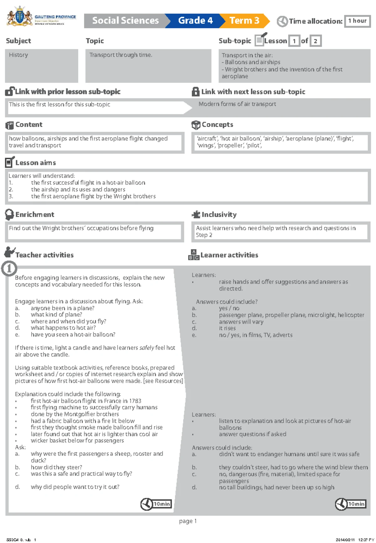 SS3G4 2 - Grade 4 Social Sciences Lesson Plan: Transport Through Time ...