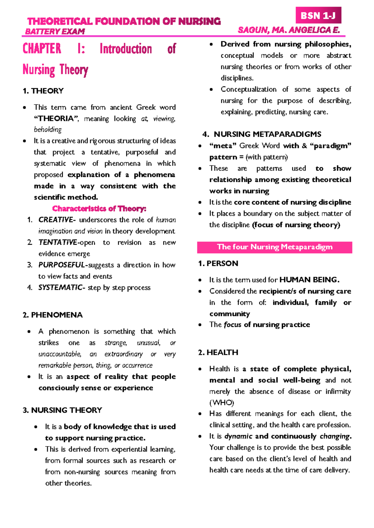 THEORETICAL FOUNDATION OF NURSING BATTERY EXAM CHAPTER 1: Introduction ...