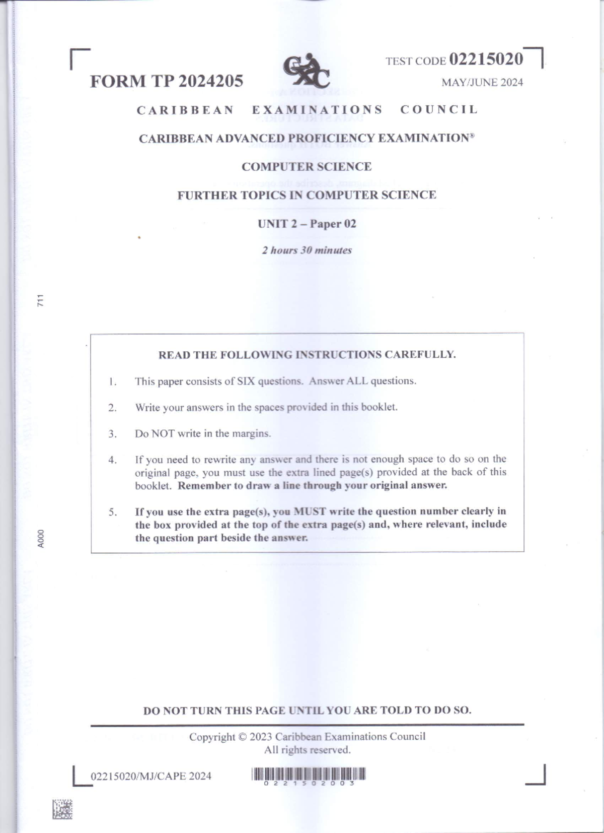 2024 P2 - CAPE Computer Science Exam Paper 02 - Studocu