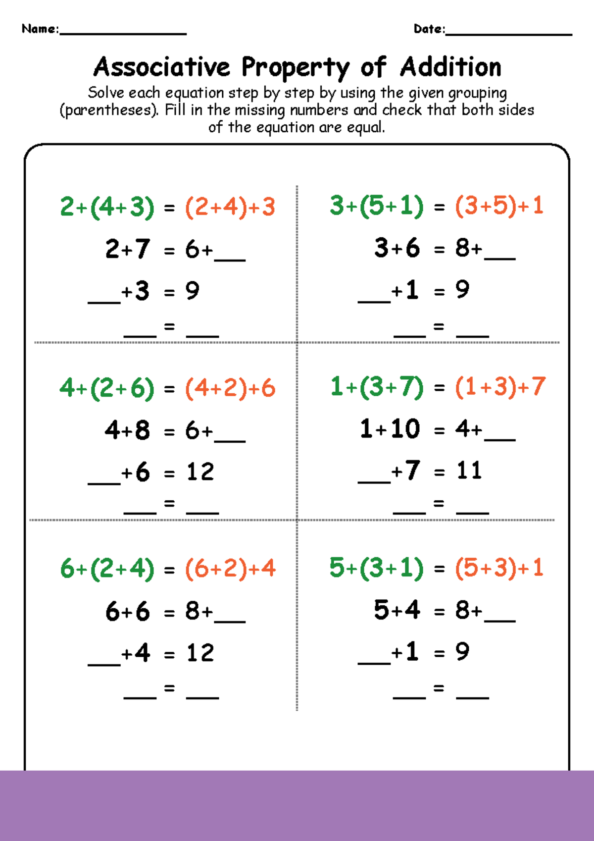 Associative Property of Addition - 1st Grade Worksheet - Name: Date ...