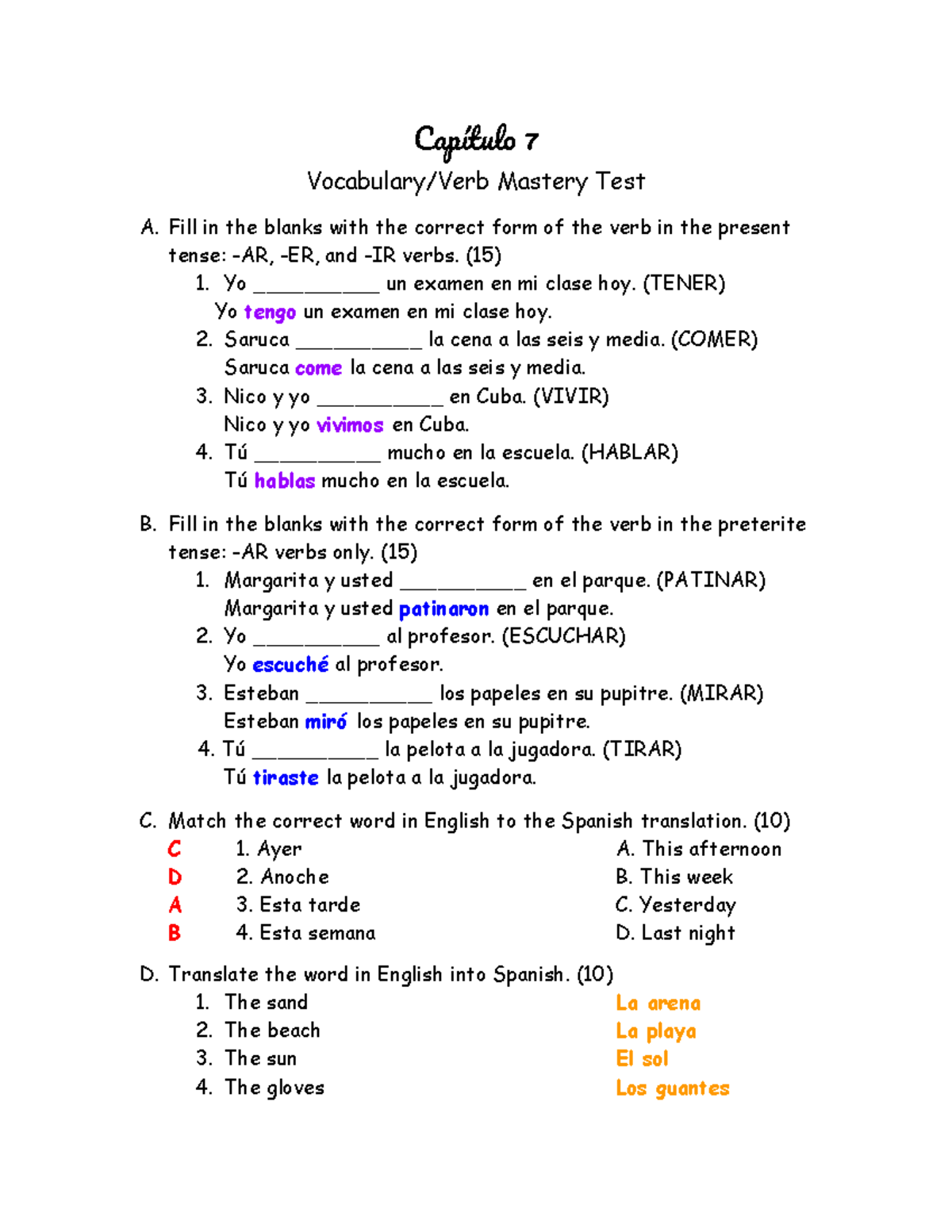 Capítulo 7: Vocabulary/Verb Mastery Test - Studocu