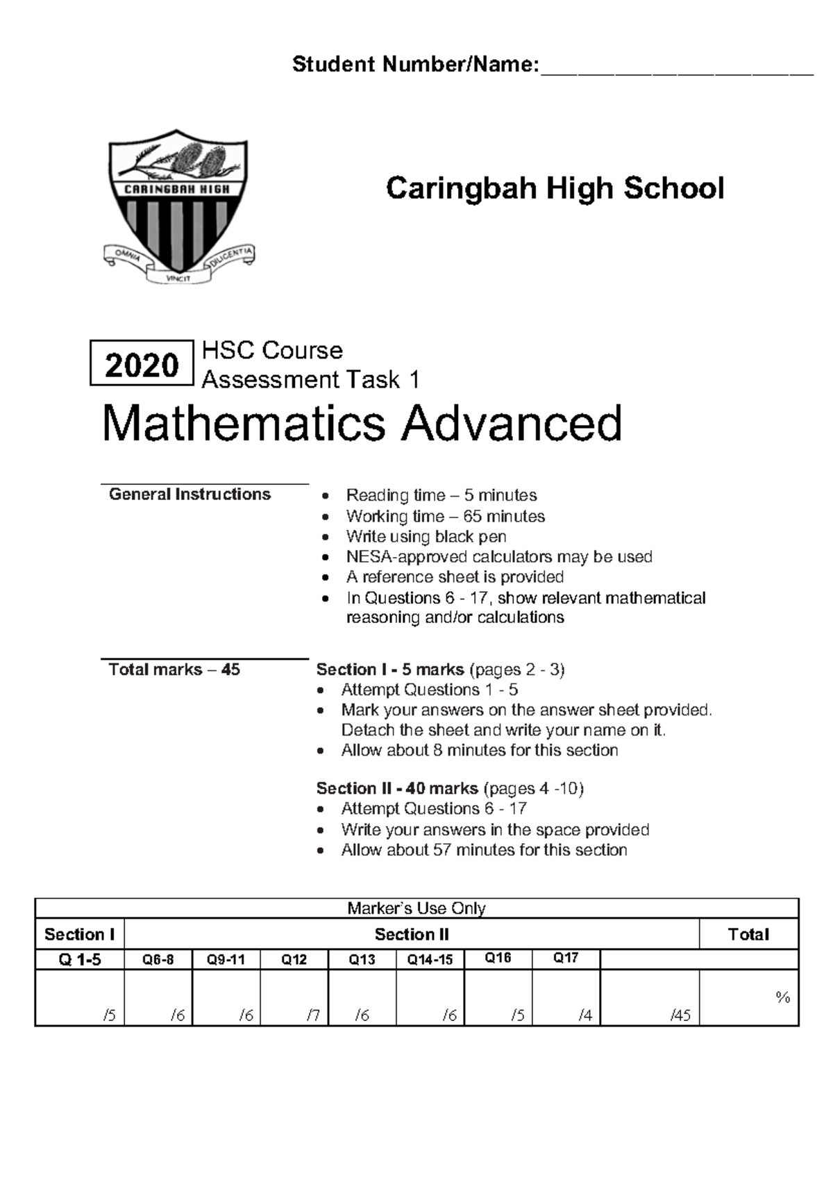 CHS MATHS ADV AT1 - HSC Course Assessment Task 1 Mathematics Advanced ...