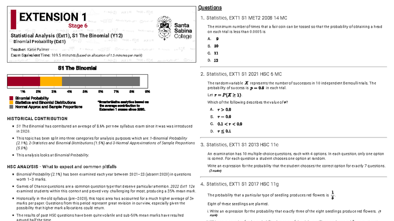 Binomial Probability Practice Questions - Statistics EXT1 S1 - Studocu