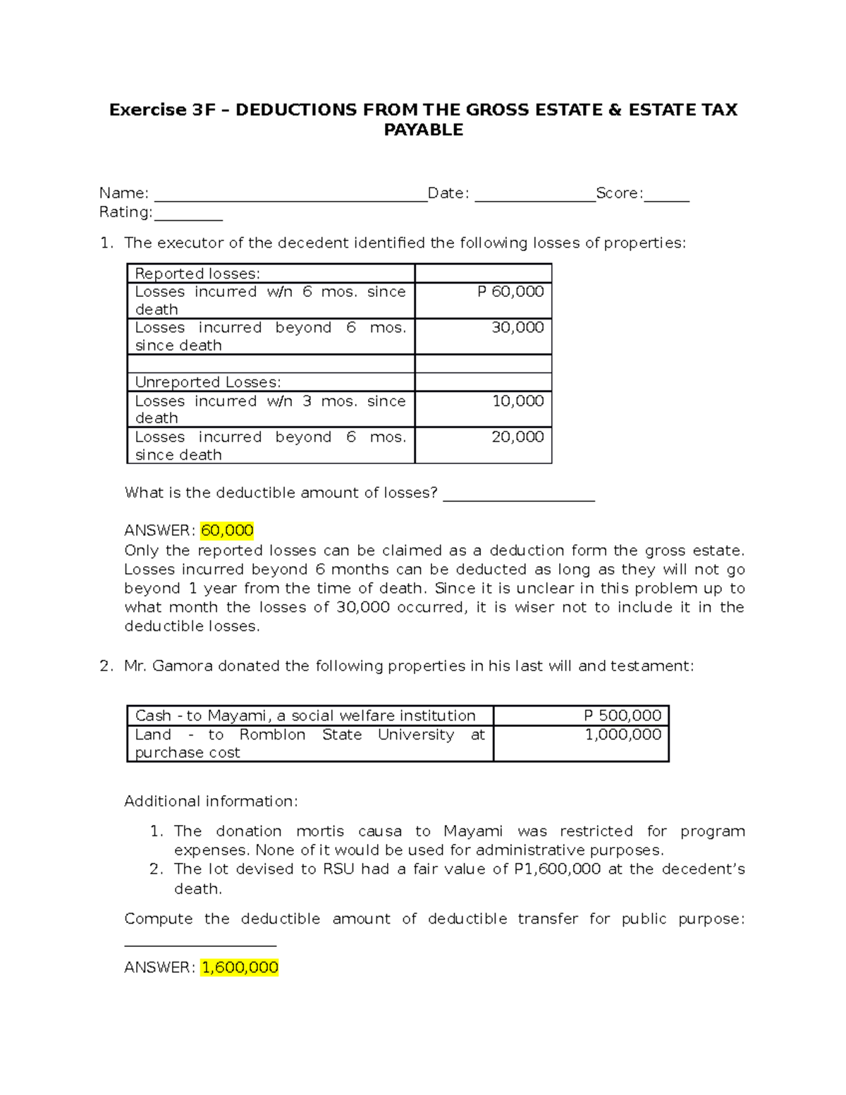 Exercise 3F: Estate Tax Payable & Deductions from Gross Estate - Answer ...
