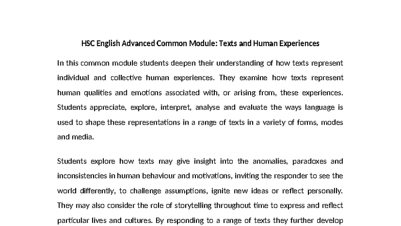 HSC English Adv: Common Module on Texts & Human Experiences - Studocu