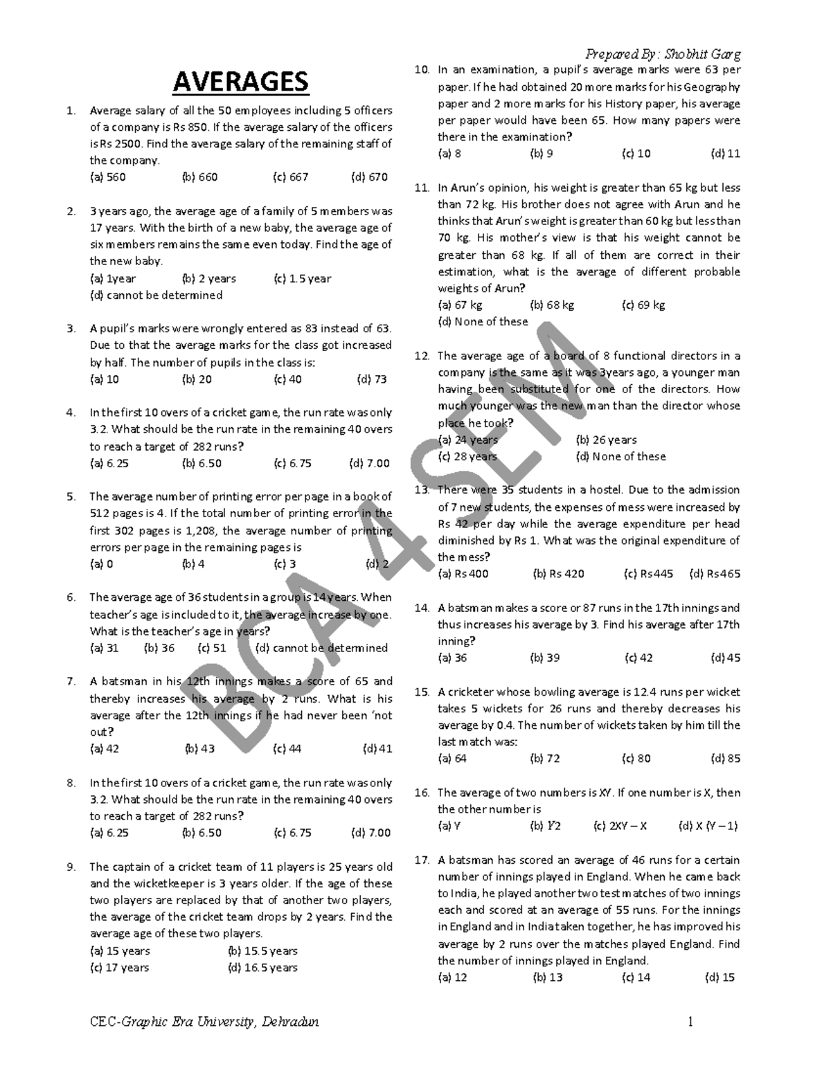 Averages - Practice Questions for Exam Preparation (Course Code ...