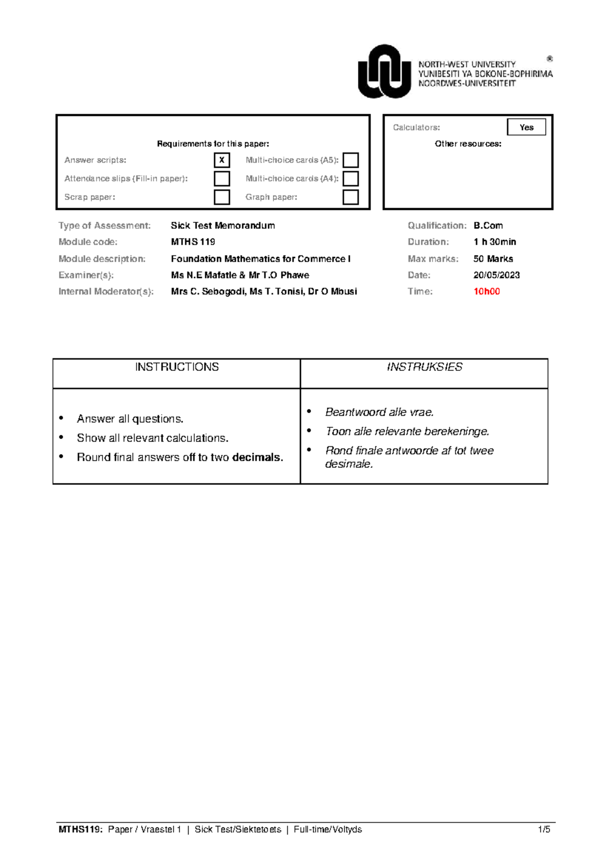 MTHS119: 2023 Sick Test Memorandum for Foundation Mathematics - Studocu