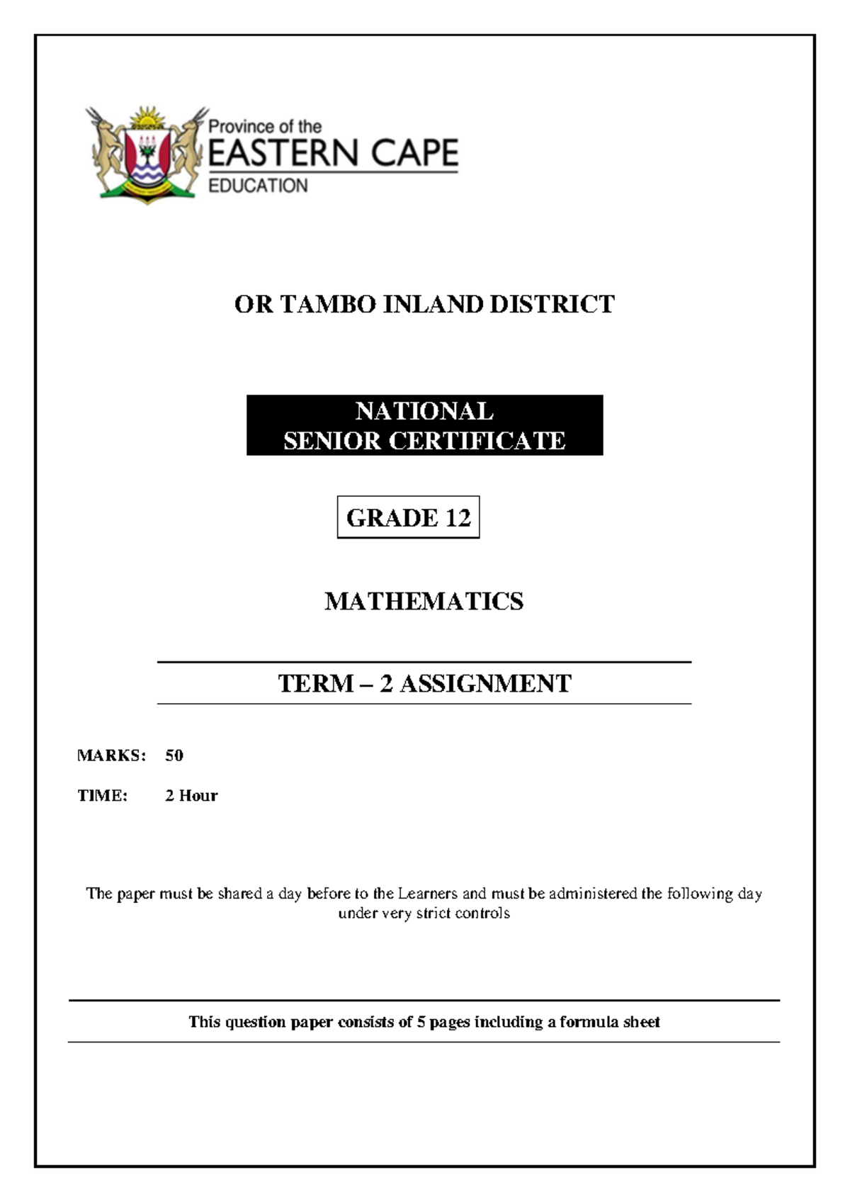 2025 ORTI Term 2 - Grade 12 Maths Assignment Questions & Guidelines ...