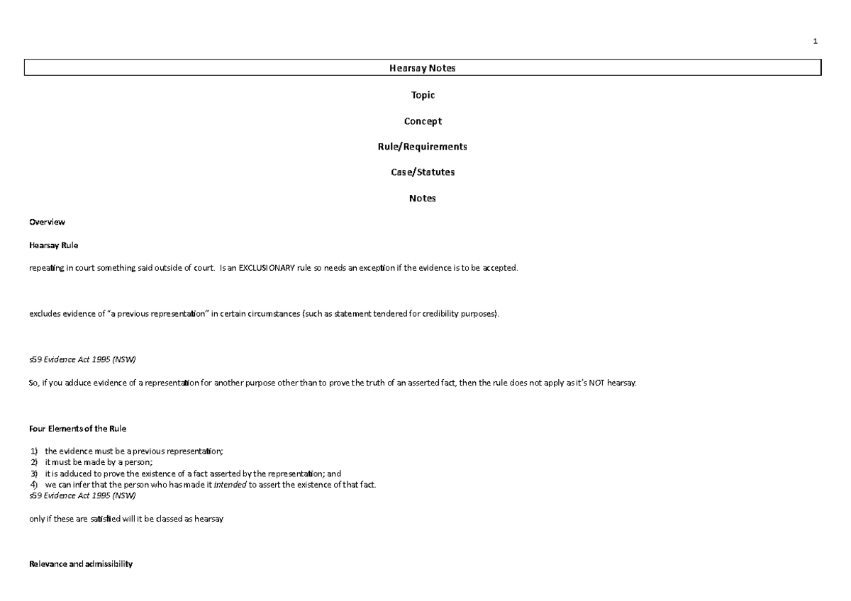 Hearsay Analysis and Notes - Evidence Act 1995 (NSW) Overview - Studocu