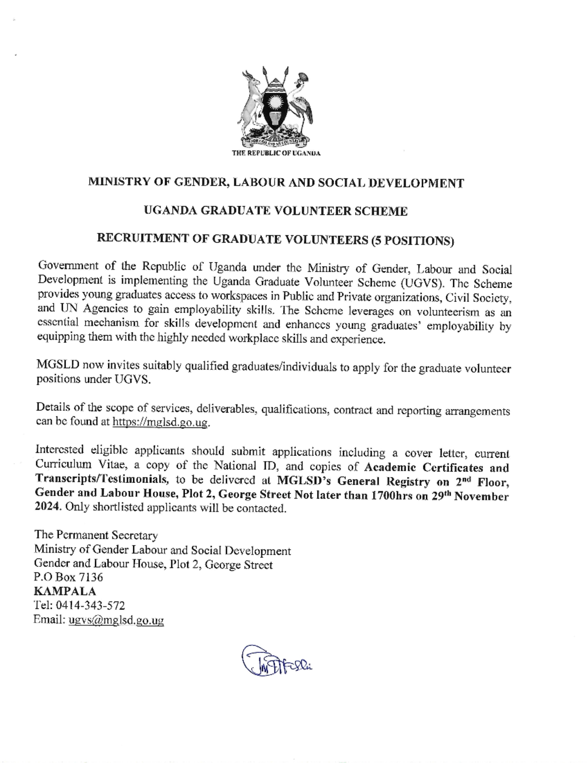 UGVS Graduate Volunteer Recruitment 2024: Apply Now for 5 Positions ...