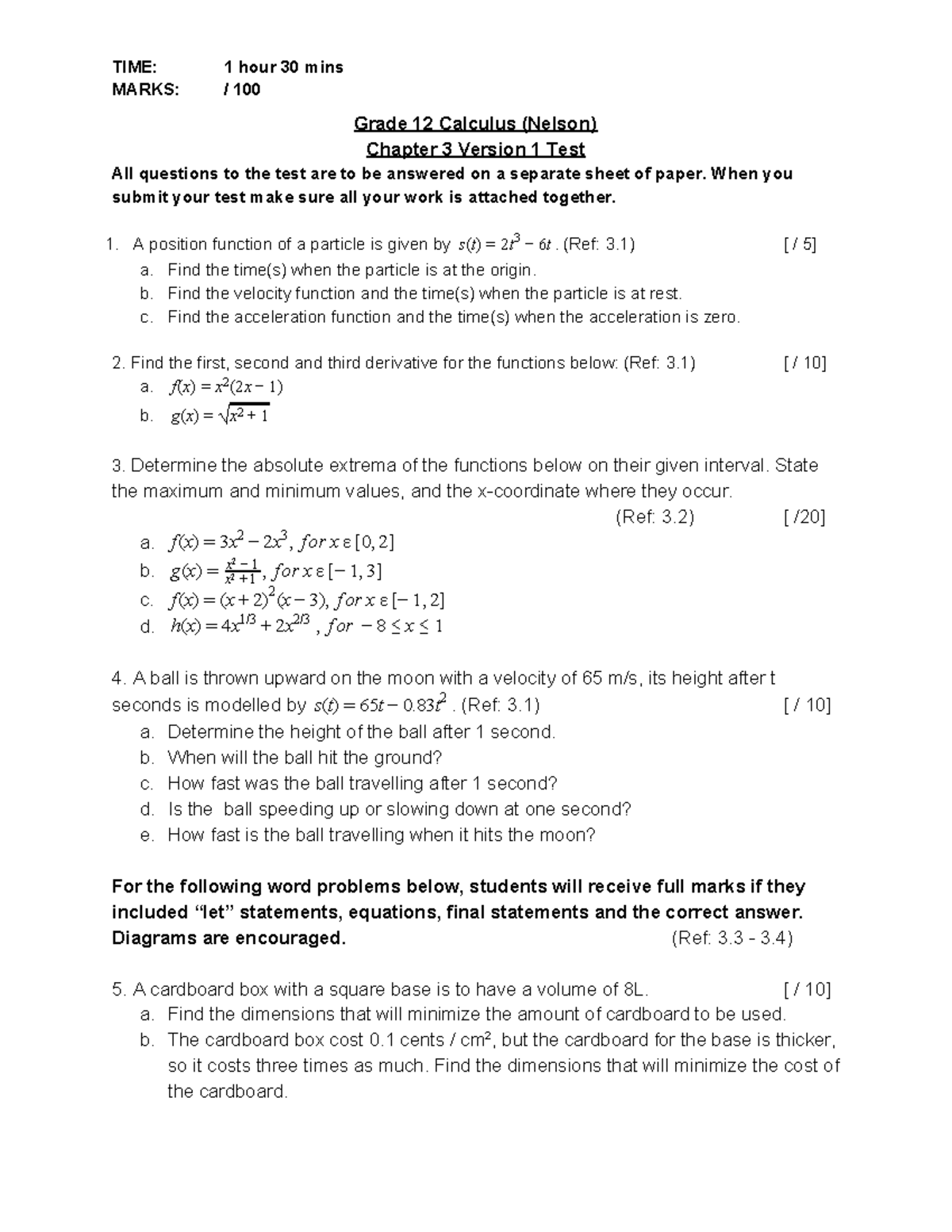 Gr 12 Calculus (Nelson) Chapter 3 Version 1 Test - Studocu