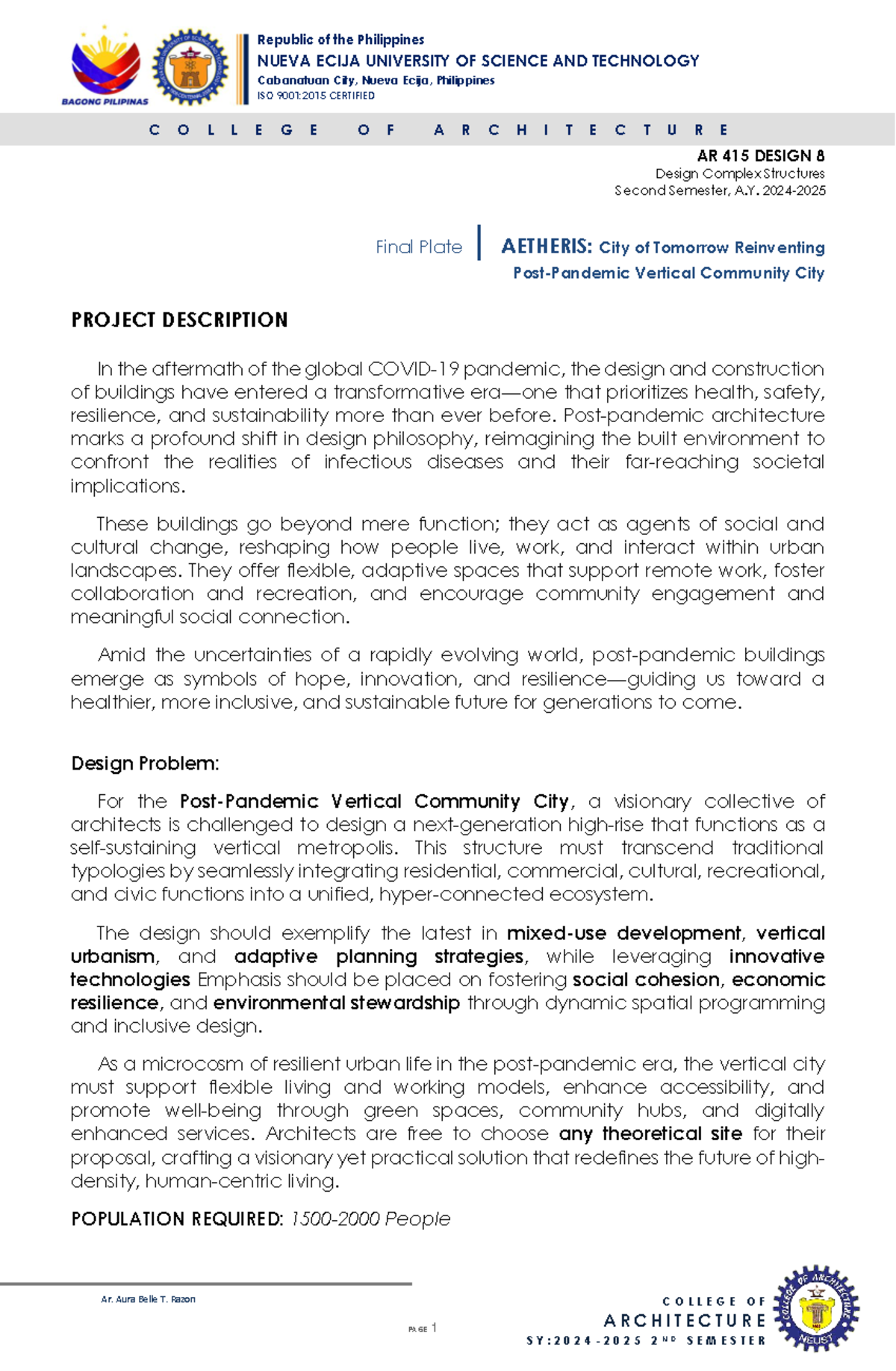 AR 425 Design 8 - Final Plate: AETHERIS Vertical Community City Project ...