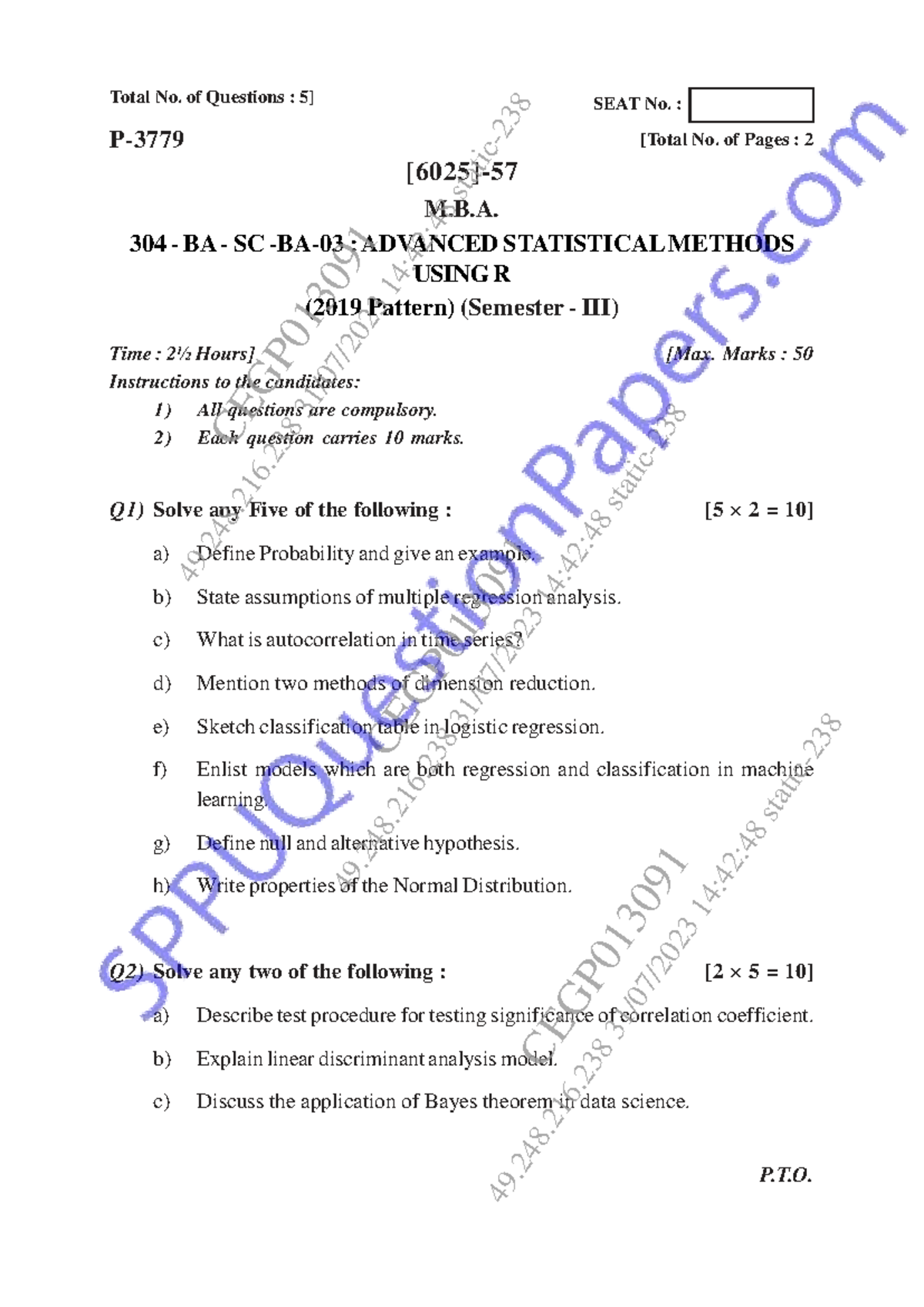 M.B.A. 304: Advanced Statistical Methods Using R - Exam Paper (2019 ...