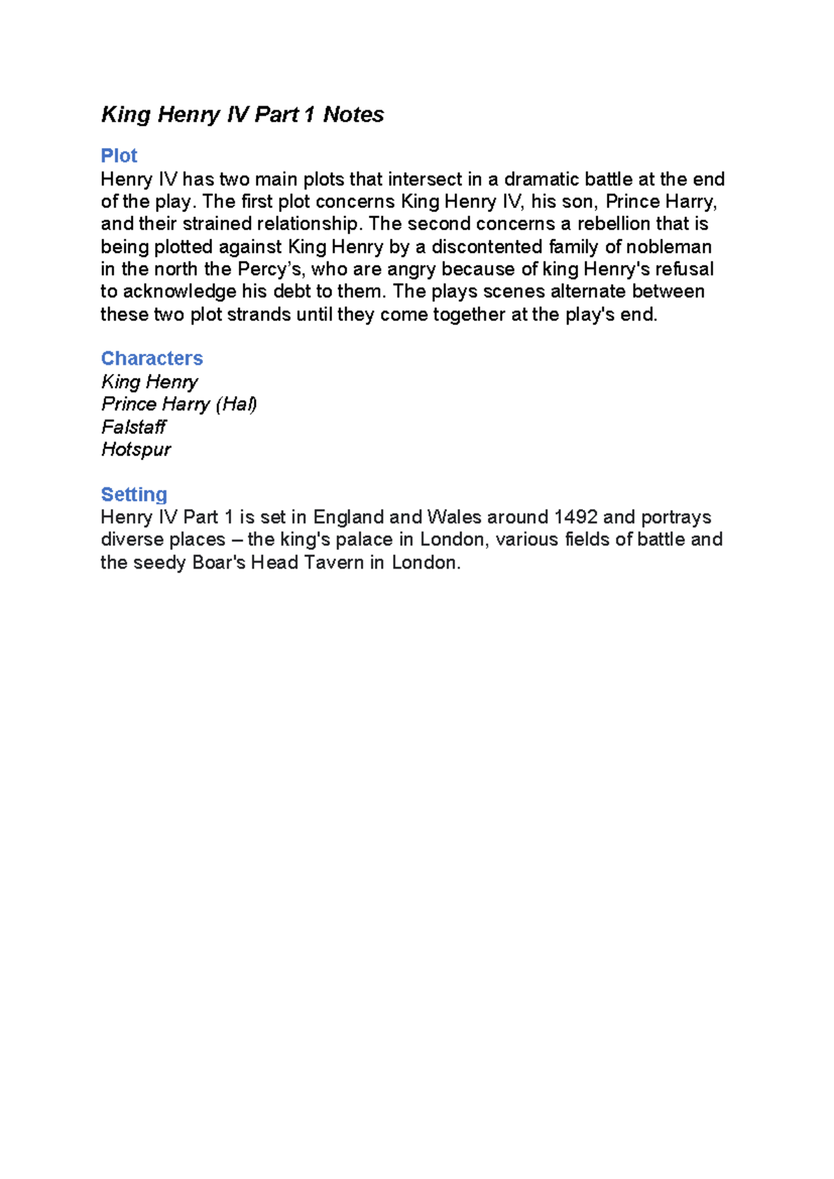 King Henry IV Part 1: Detailed Study Notes and Analysis - Studocu