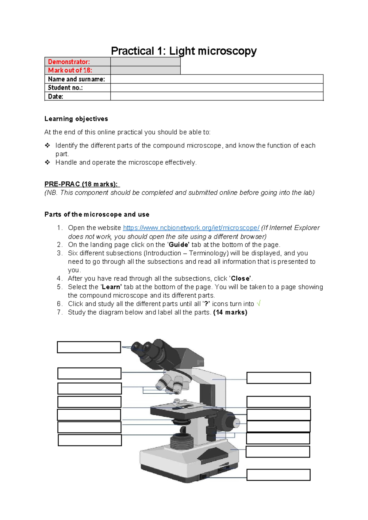 BIOL234 Pre-prac 1 - pre-prac - Practical 1: Light microscopy ...
