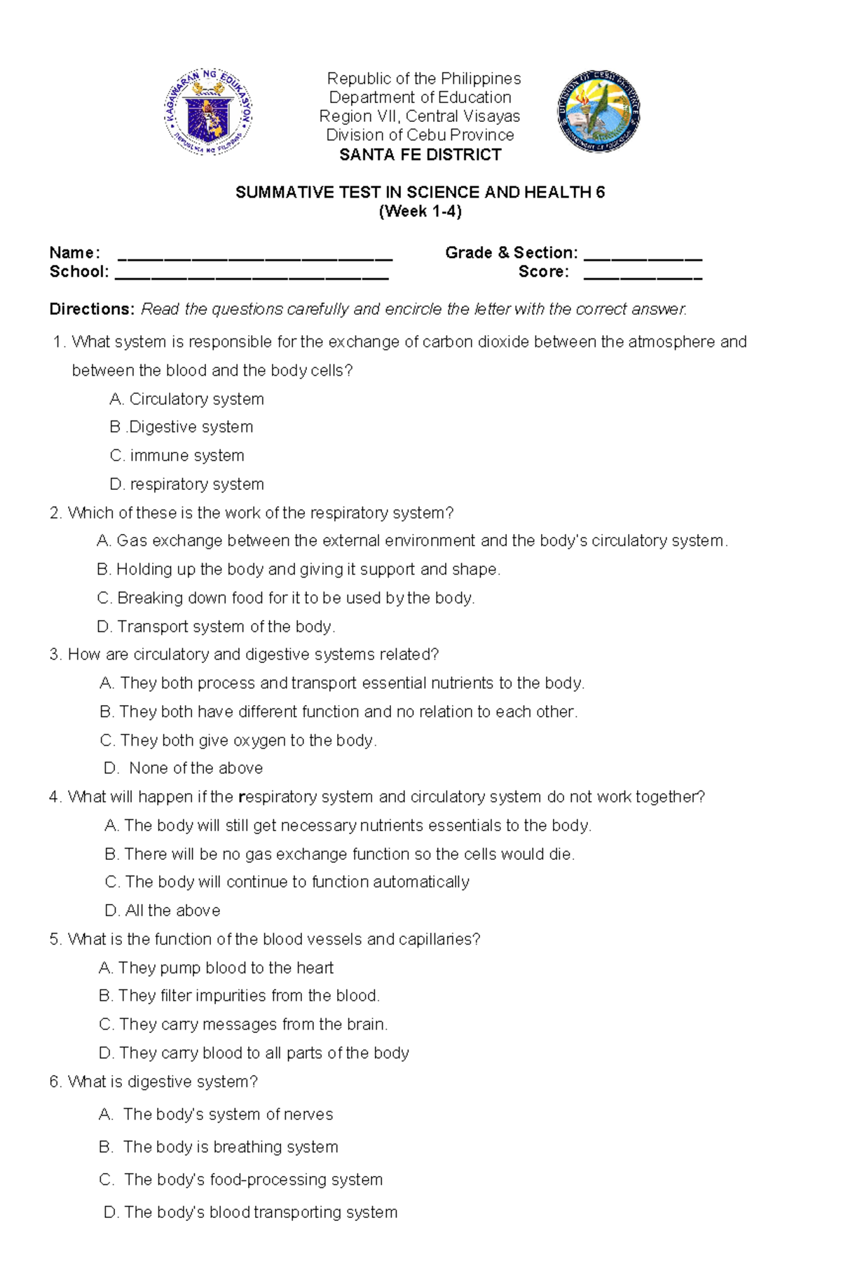 Science 6 Summative Test: Systems in Health & Anatomy (ST-Q2-W1-4 ...