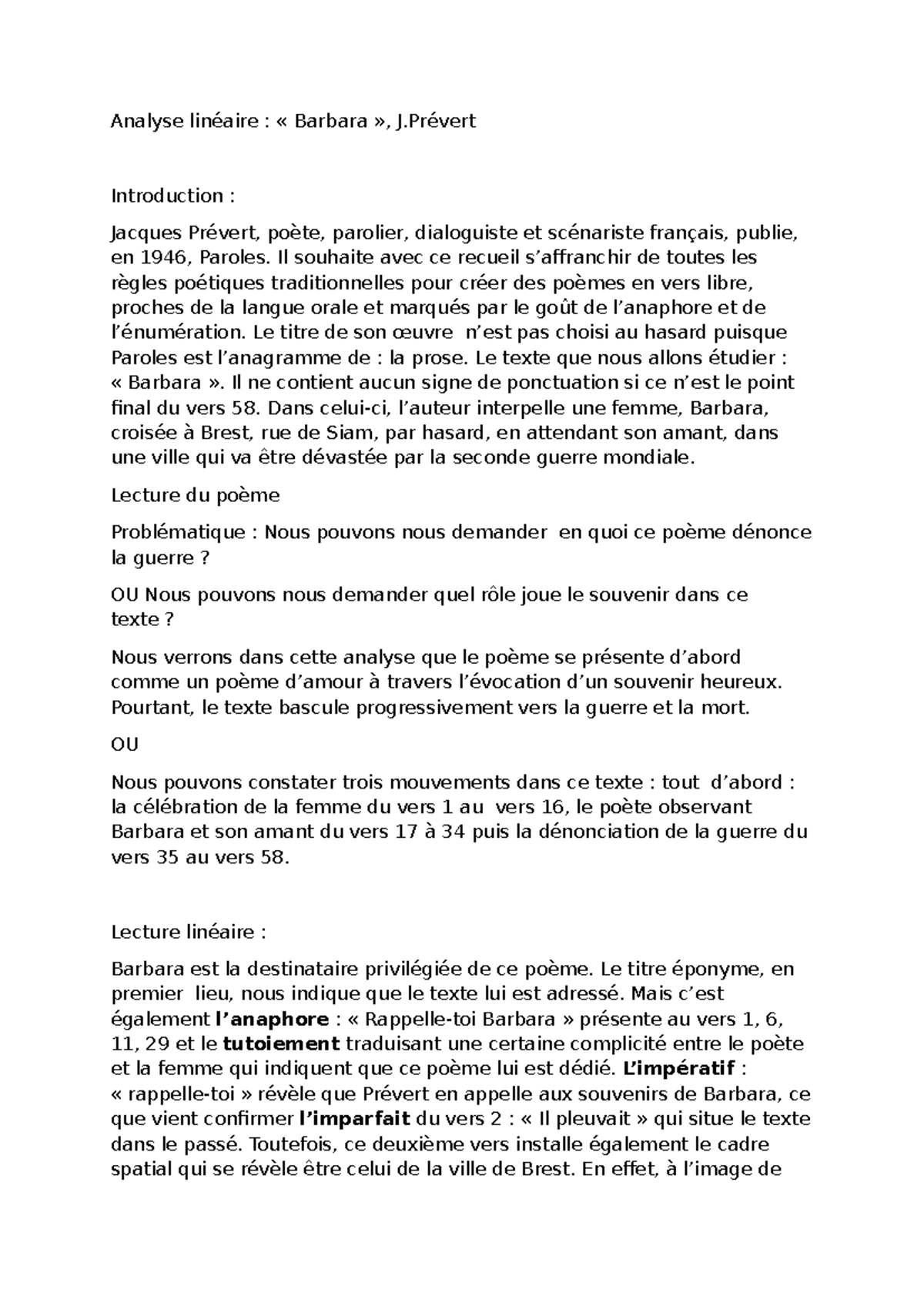 Analyse linéaire du poème "Barbara" de Jacques Prévert (1900-1977 ...