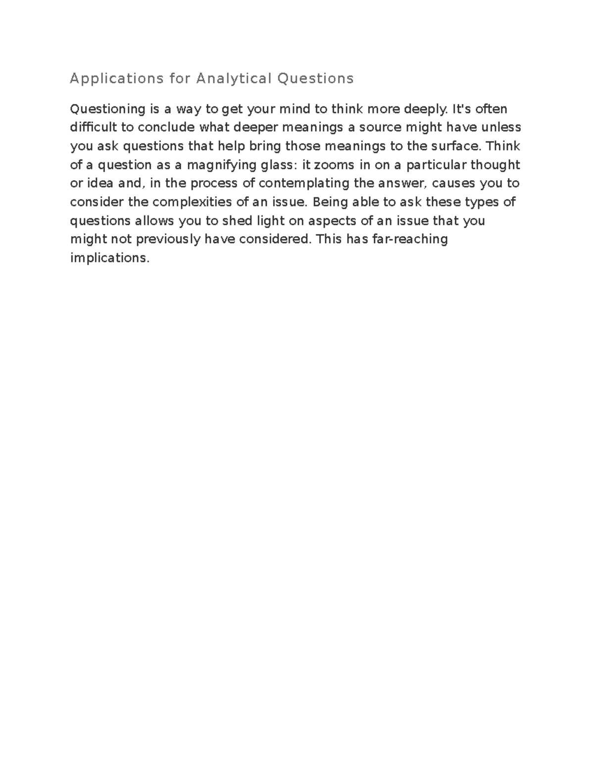 Document 4 notes - Applications for Analytical Questions Questioning is ...