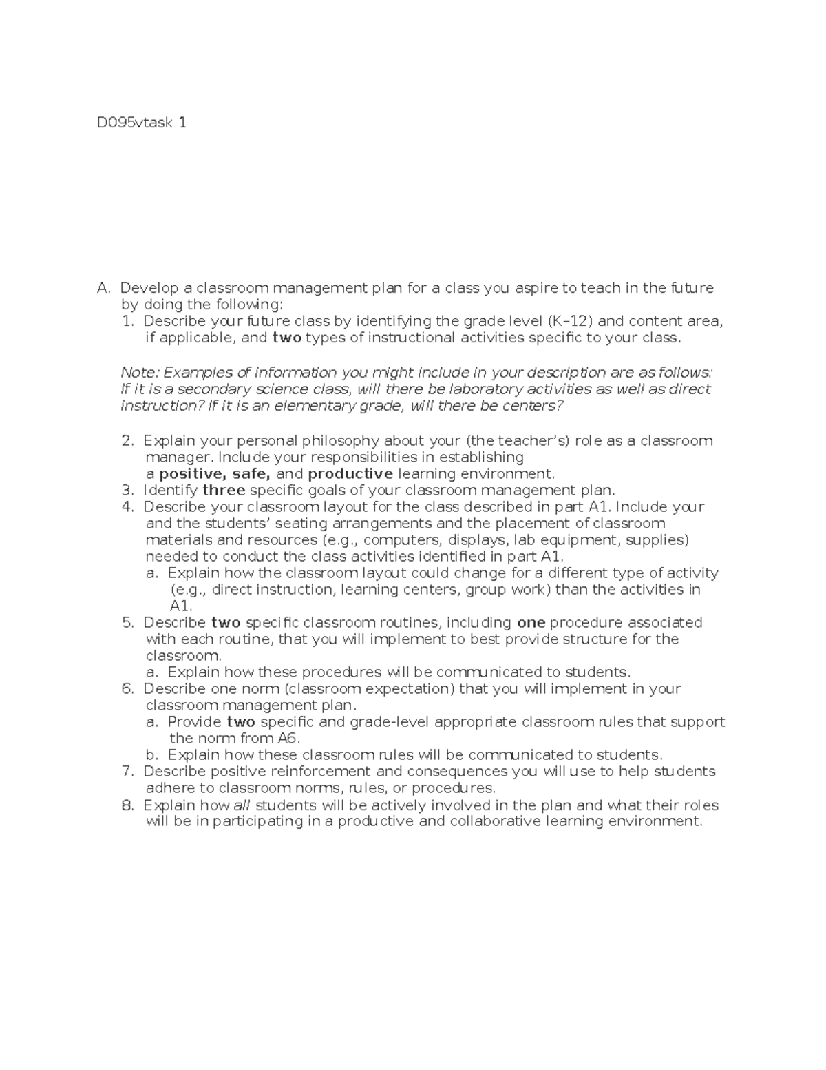 D095 Task 1 - Classroom Management Plan for Future Teaching Role - Studocu
