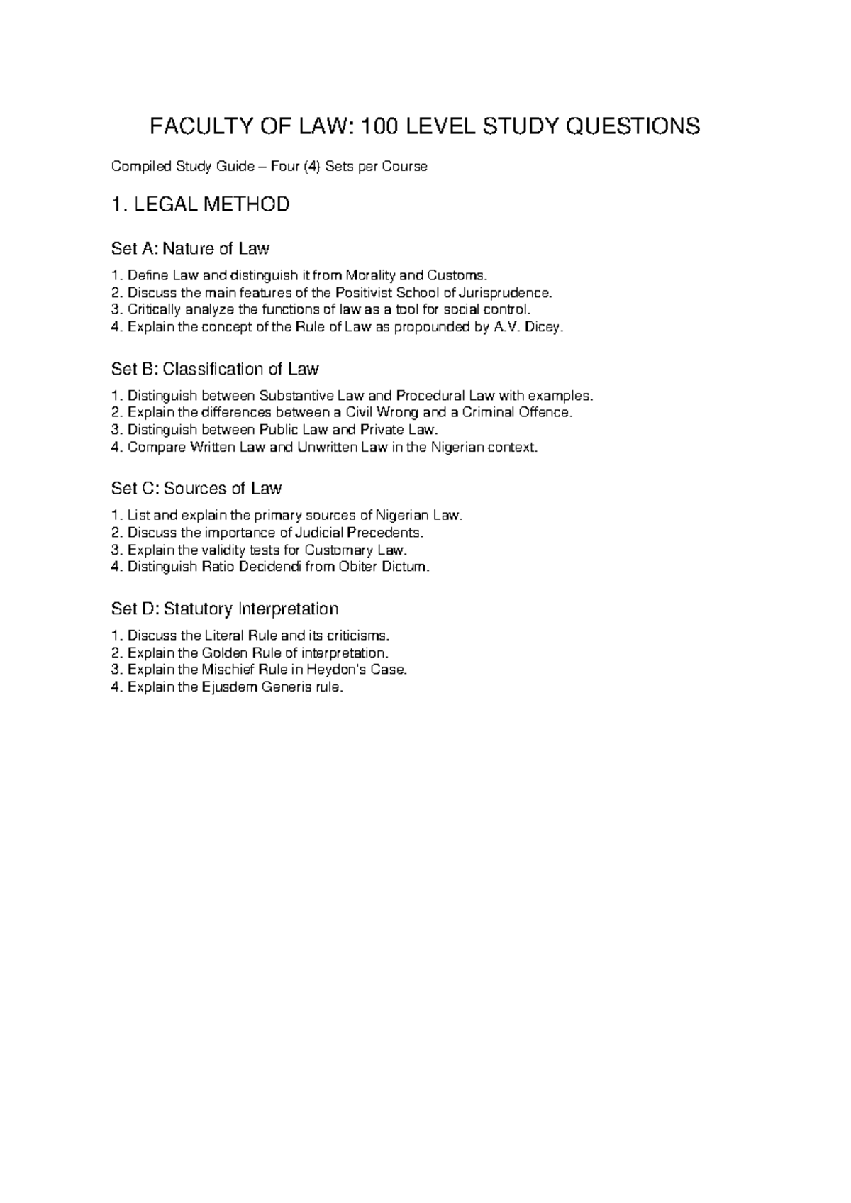 FACULTY OF LAW: 100 LEVEL STUDY QUESTIONS - Compiled Guide - Studocu