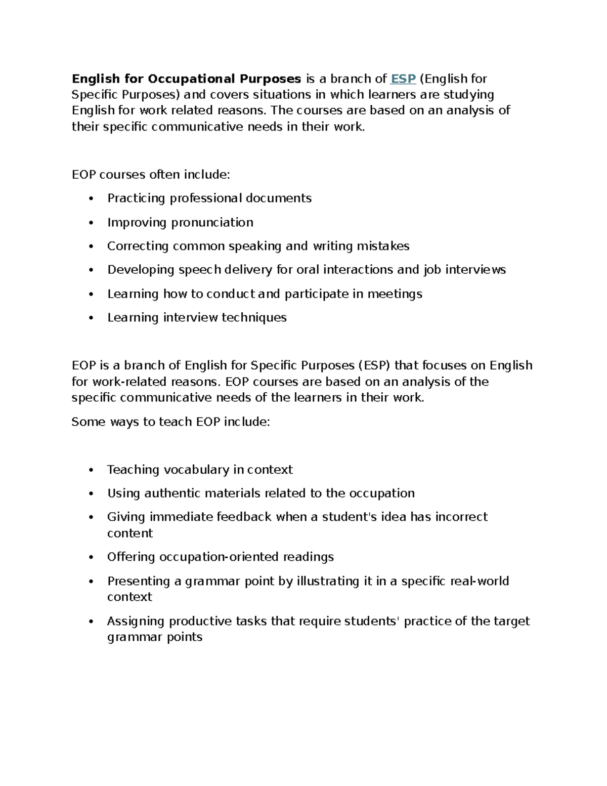 EOP 101: Overview of English for Occupational Purposes Techniques - Studocu