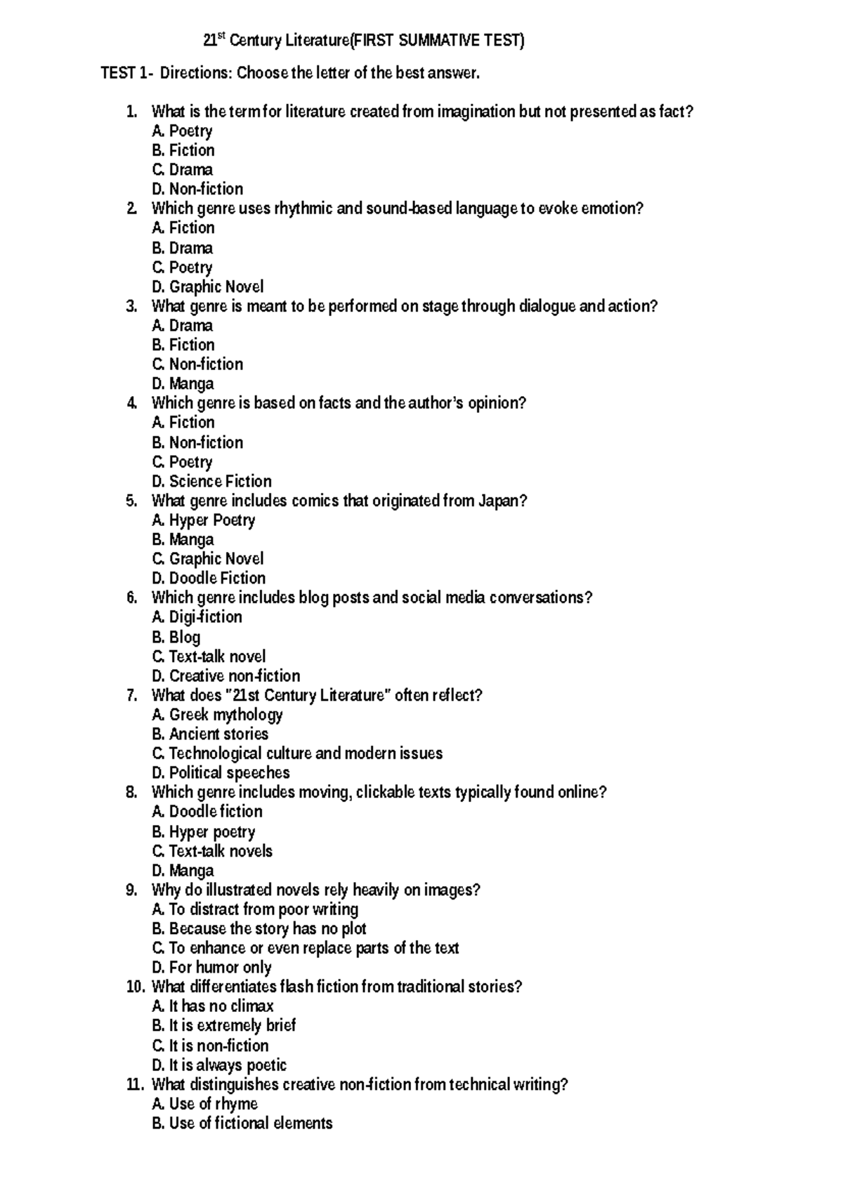 21st Century Literature (2nd Summative Test) Quiz on Literary Genres ...