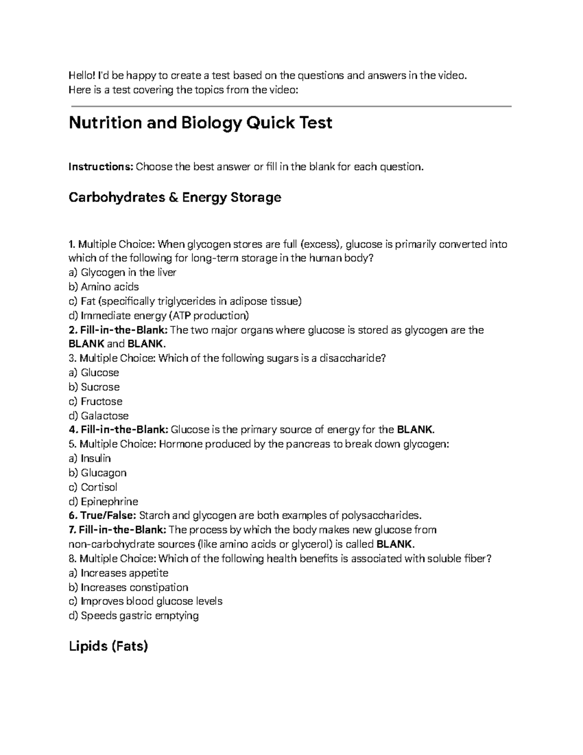 Nutrition and Biology Quick Test: Carbs, Lipids & Proteins - Studocu