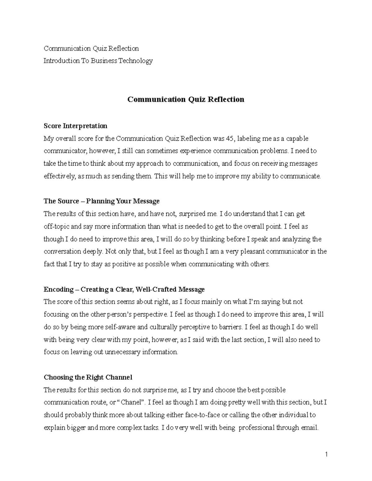 Communication Quiz Reflection - I need to take the time to think about ...