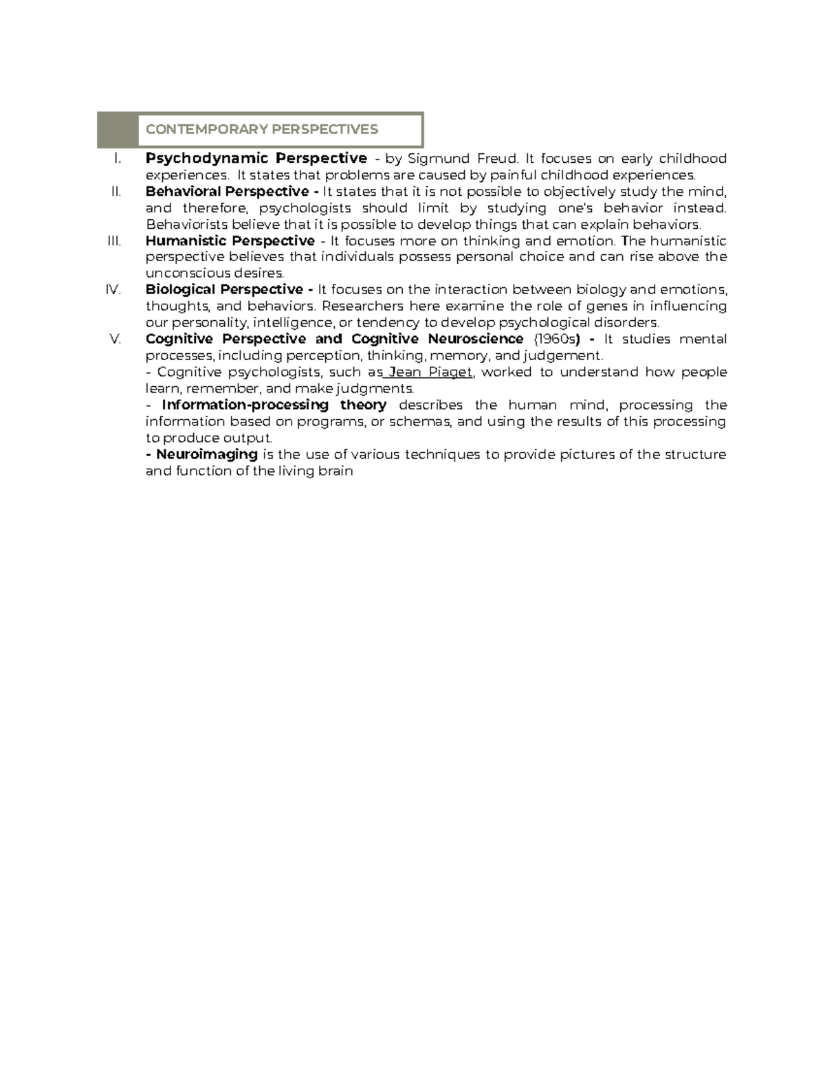 Contemporary Perspectives in Psychology: Key Theories Explained - Studocu