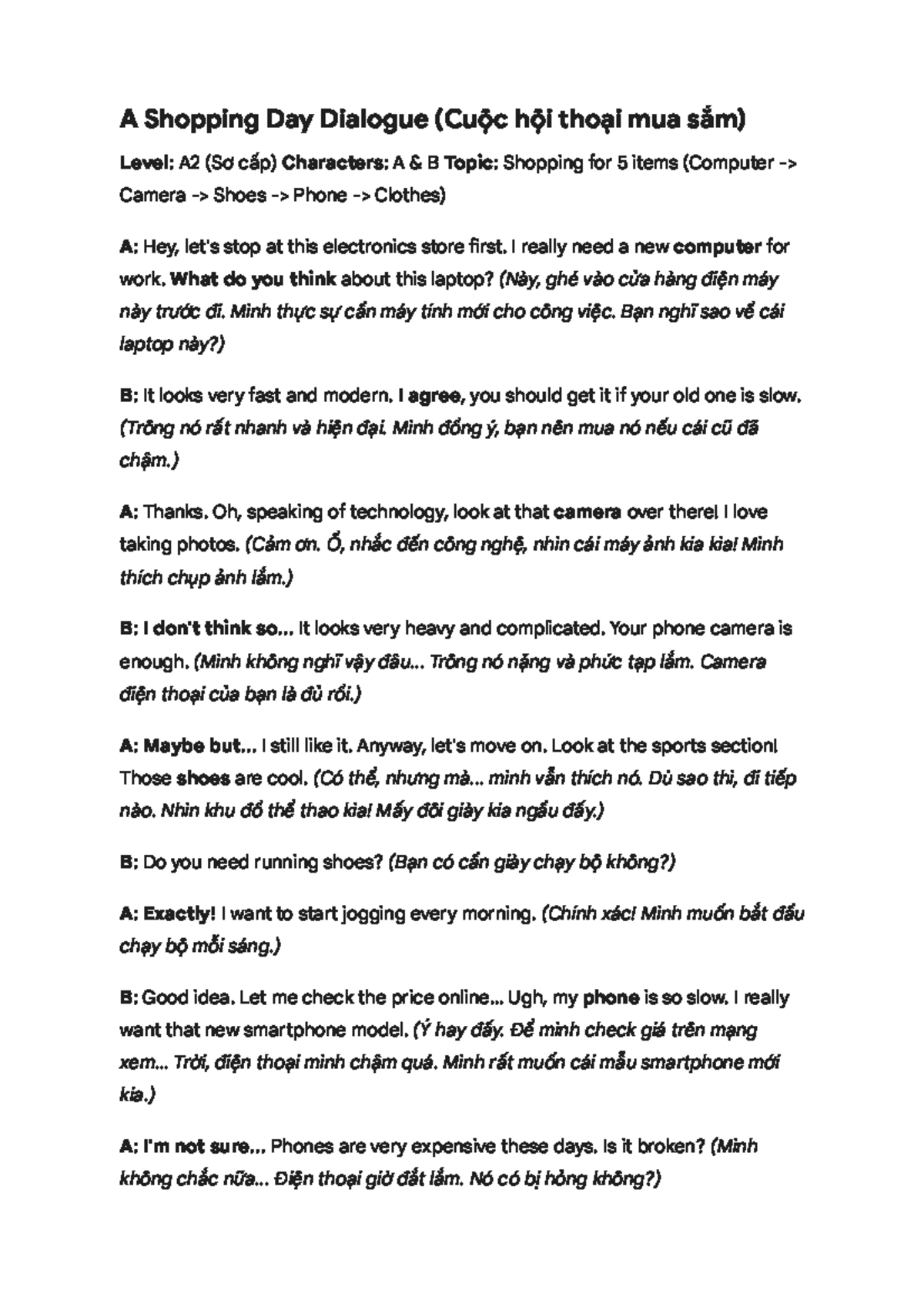 Shopping Day Dialogue (Cuộc hội thoại mua sắm) - Level A2 - Studocu
