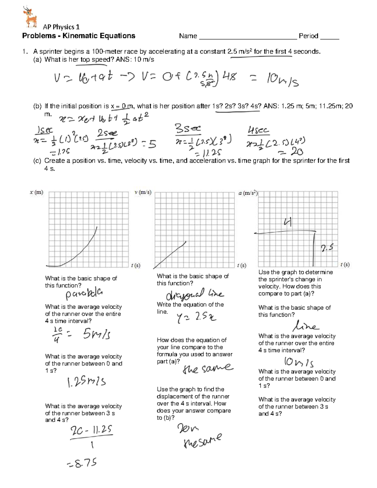 AP Physics 1 Kinematic Equations Problem Set - Period 1 - Studocu