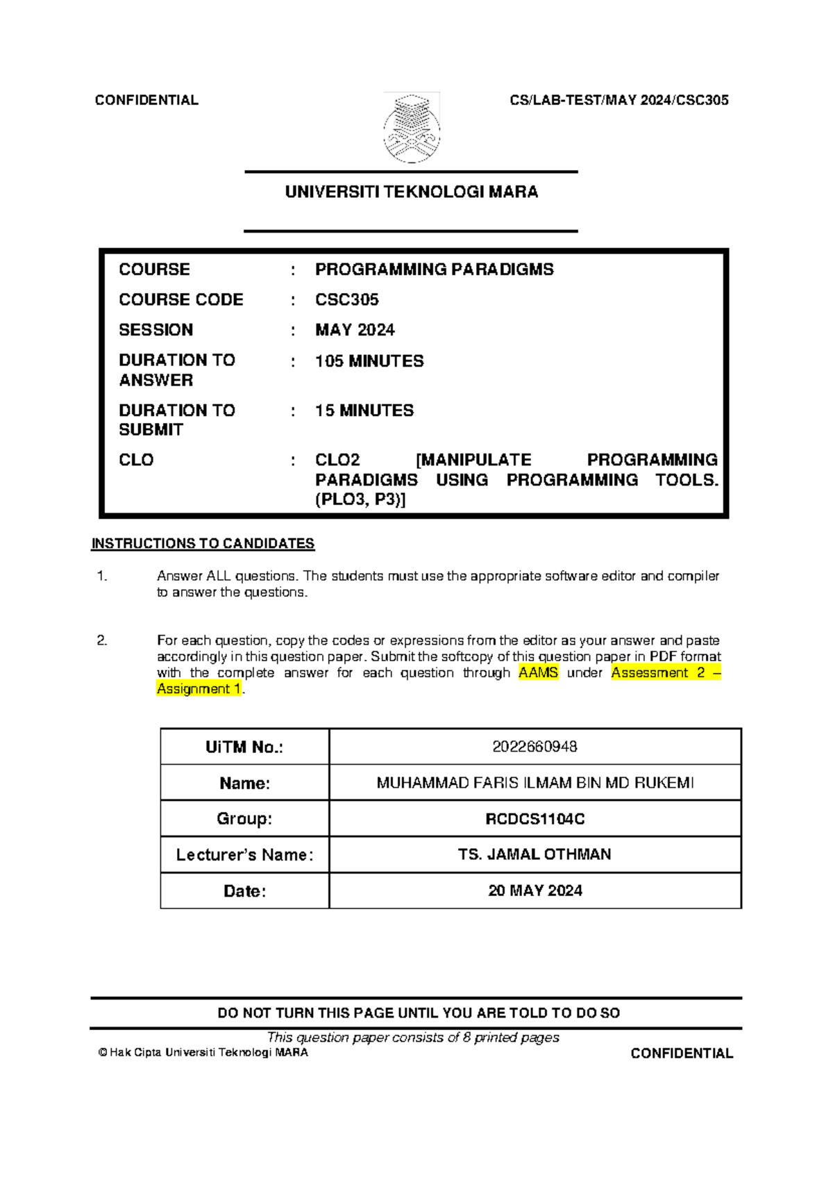 CSC305 Lab Test: Programming Paradigms Questions & Criteria Analysis ...