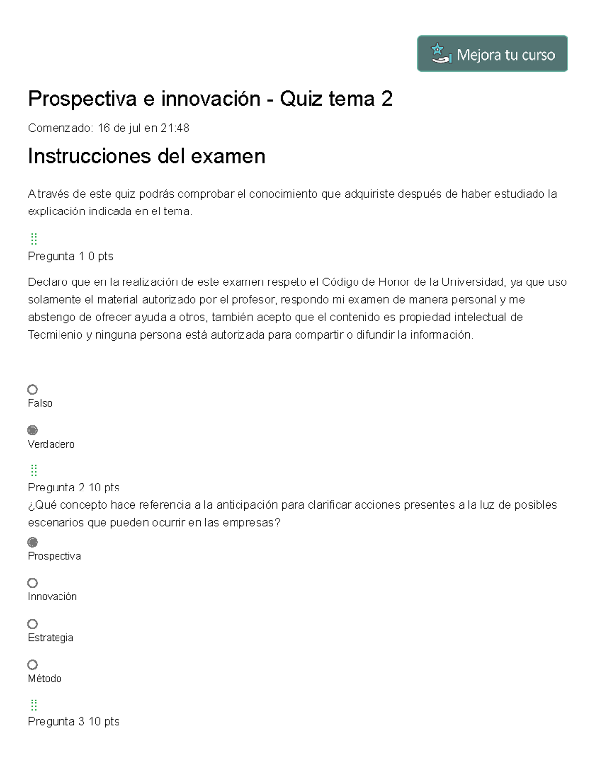 Quiz de Prospectiva e Innovación - Examen Tema 2 (Perfil 2023) - Studocu