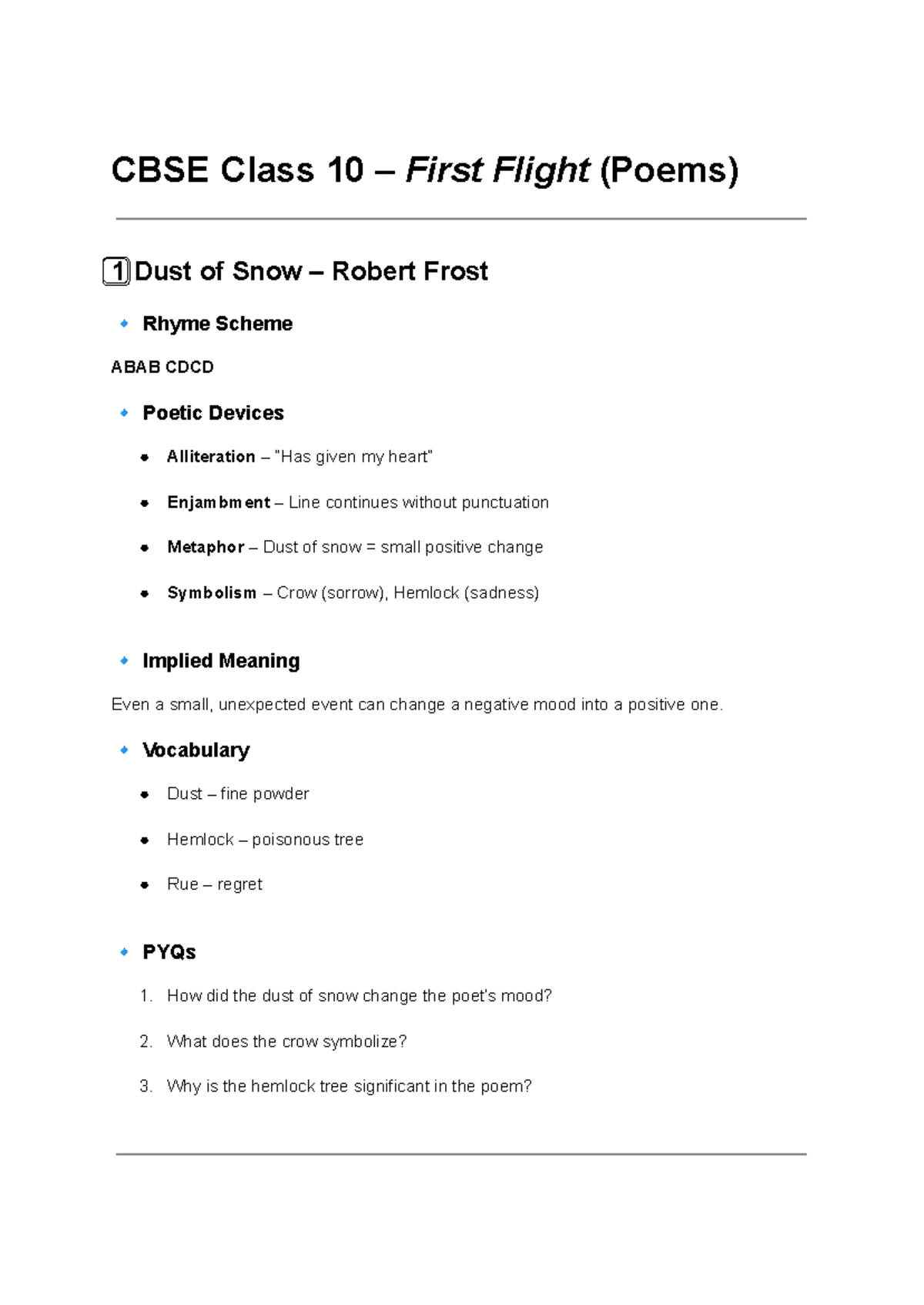 CBSE Class 10 – First Flight (Poems) Analysis and Rhyme Schemes - Studocu