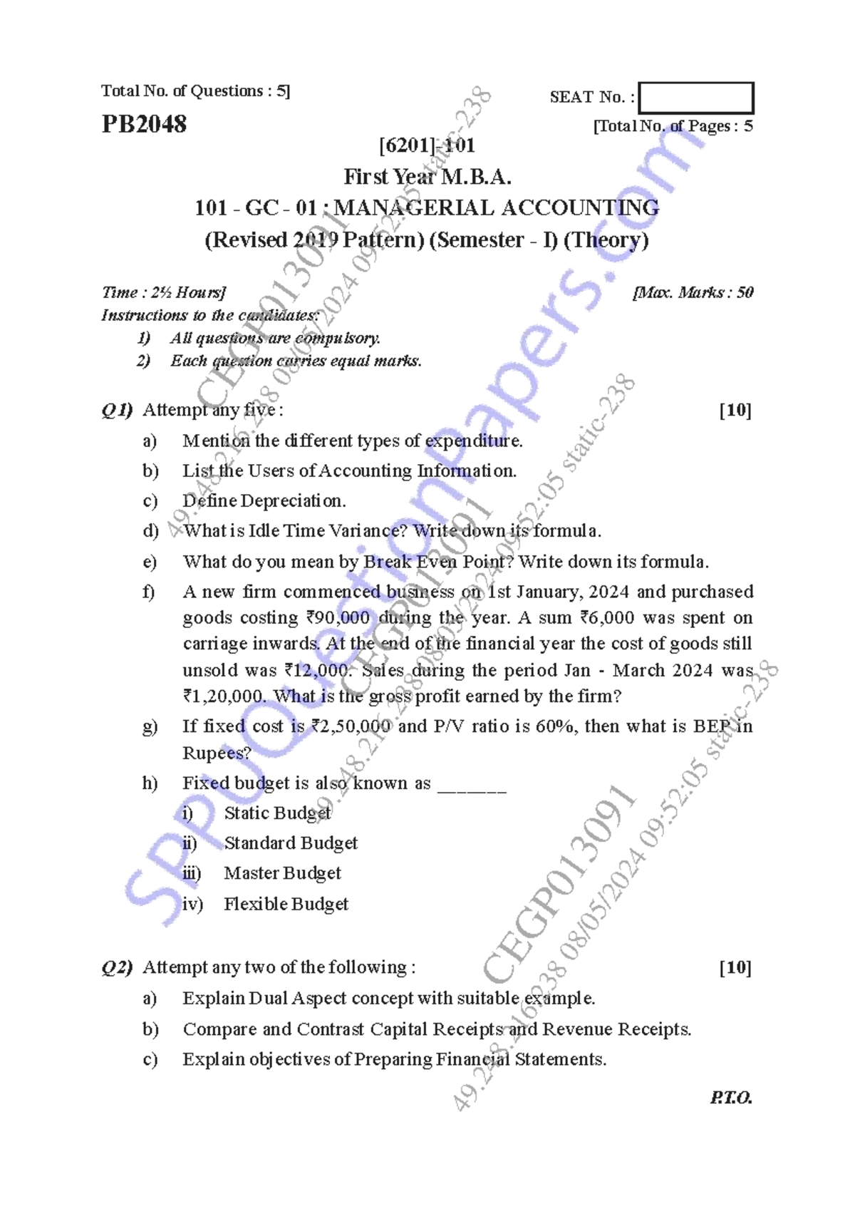 MBA 101: Managerial Accounting - Semester I Exam Paper (2019 Pattern ...