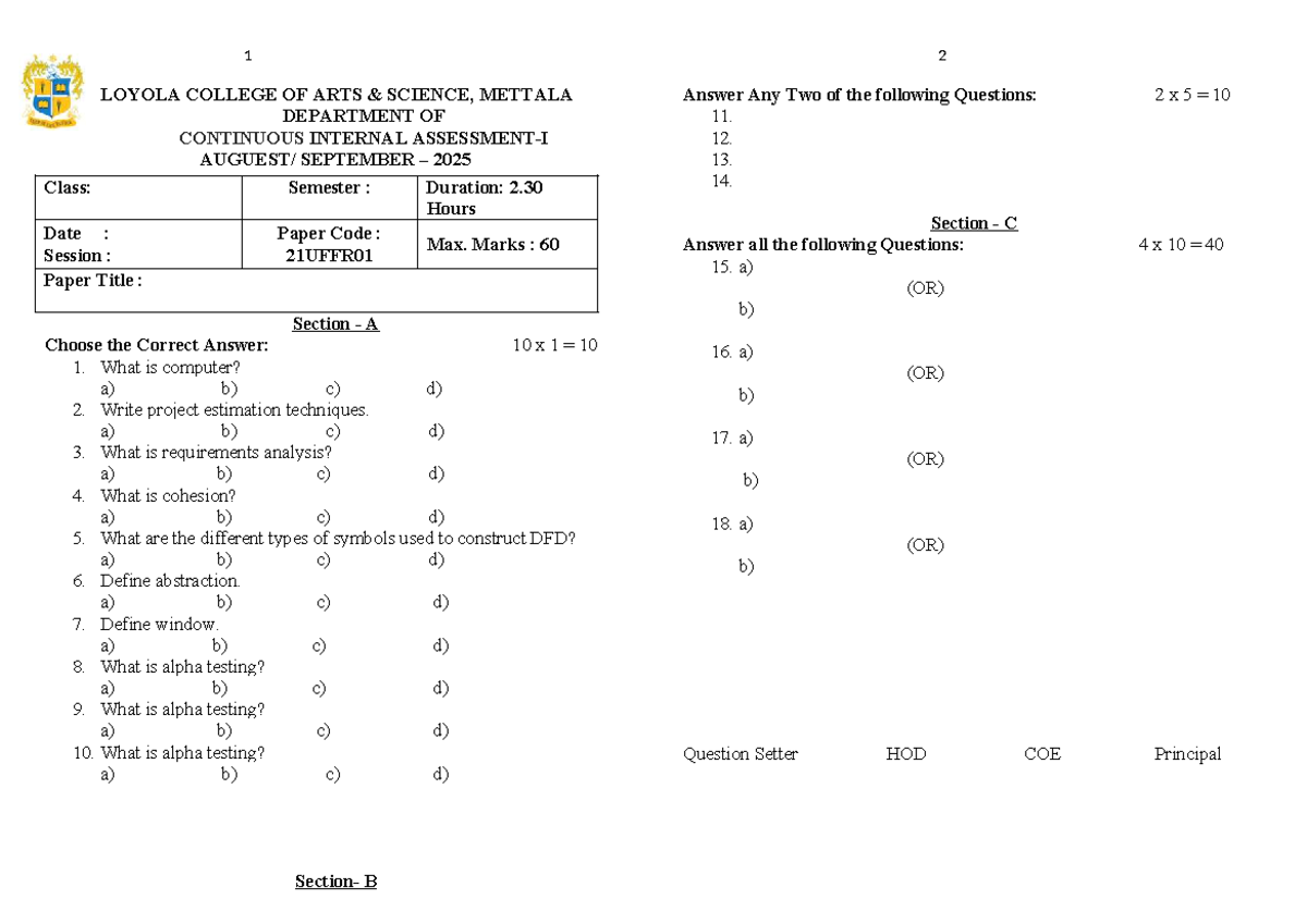 CIA - I Question Paper Format for 21UFFR01 - Sept 2025 - Studocu