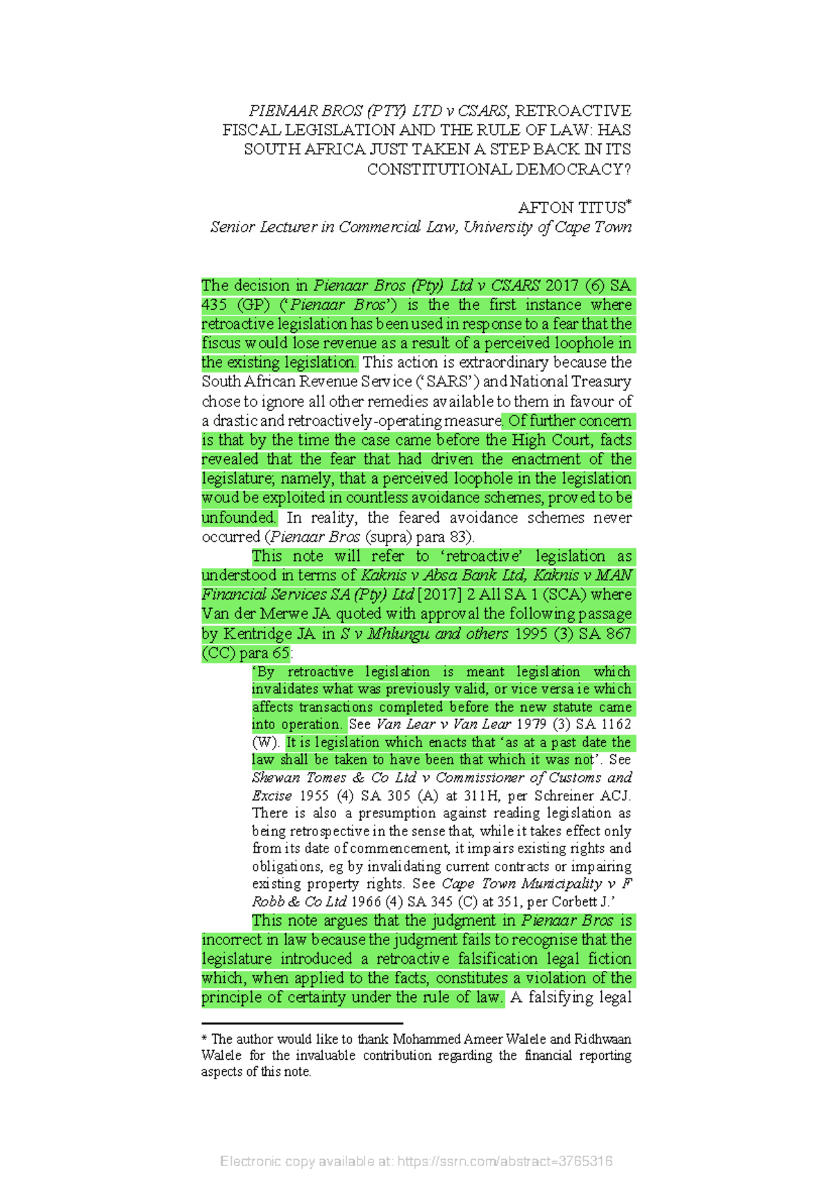 Pienaar Bros (Pty) Ltd v CSARS: Examining Retroactive Legislation's ...
