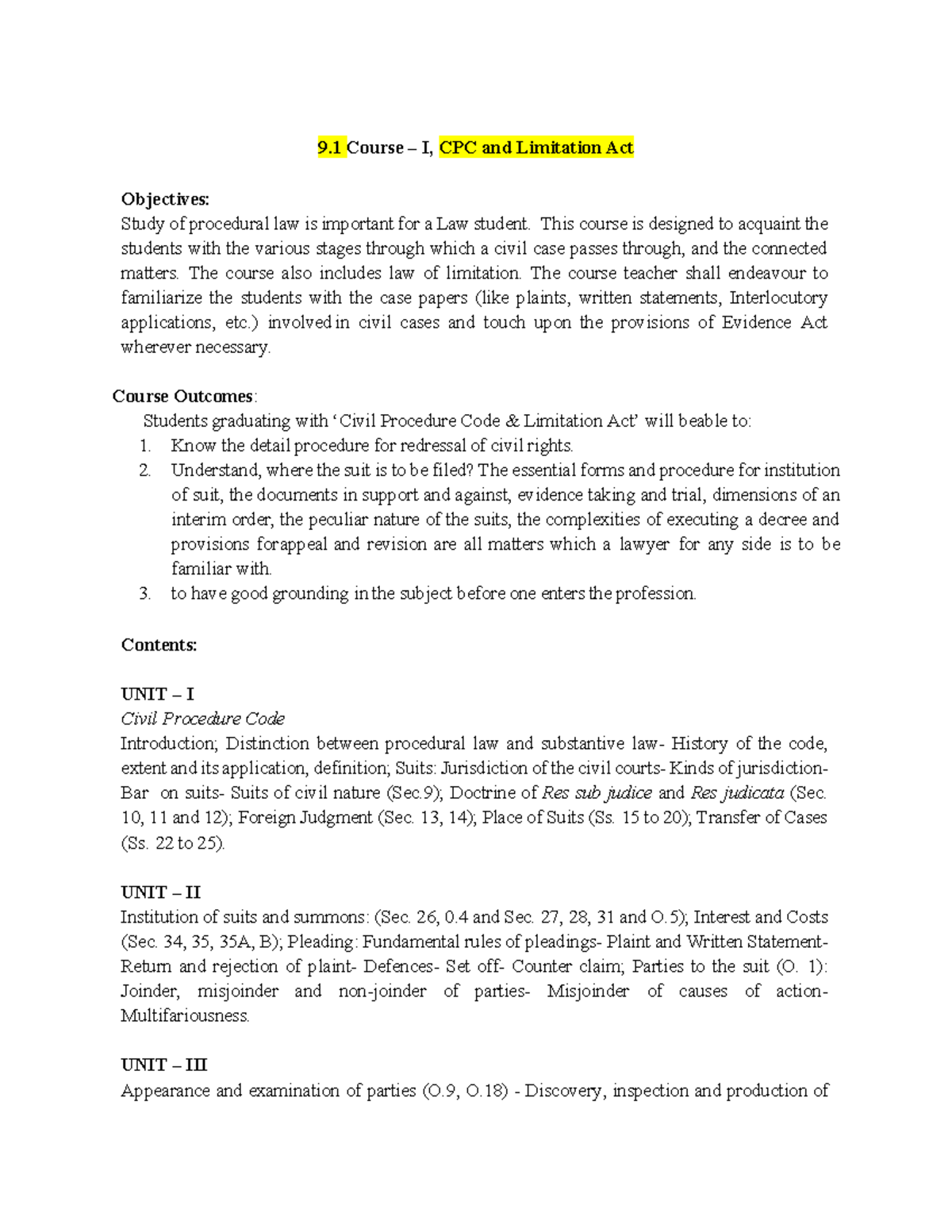 46 CPC and Limitation Act: Key Objectives and Course Overview - Studocu